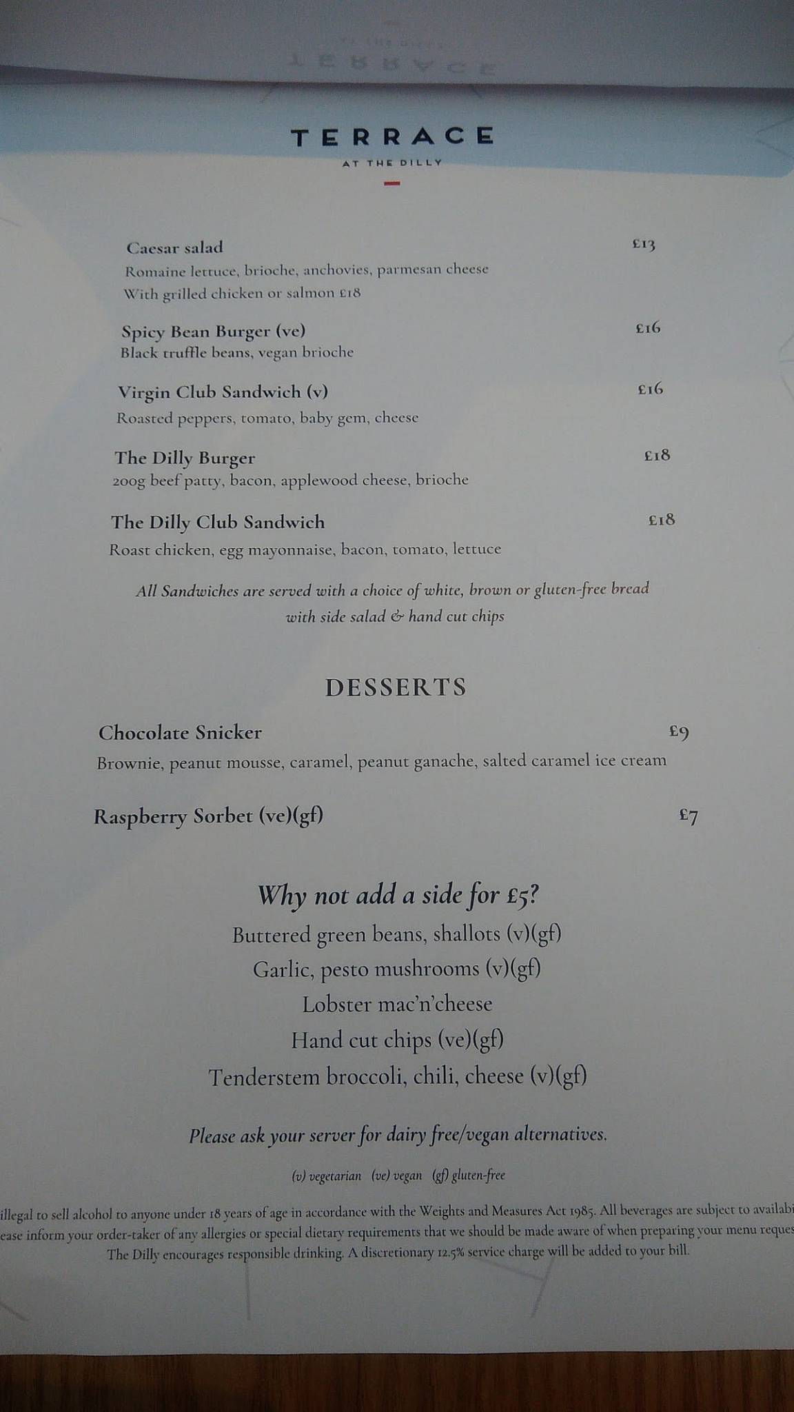 Menu at Terrace at The Dilly restaurant, London, 21 Piccadilly
