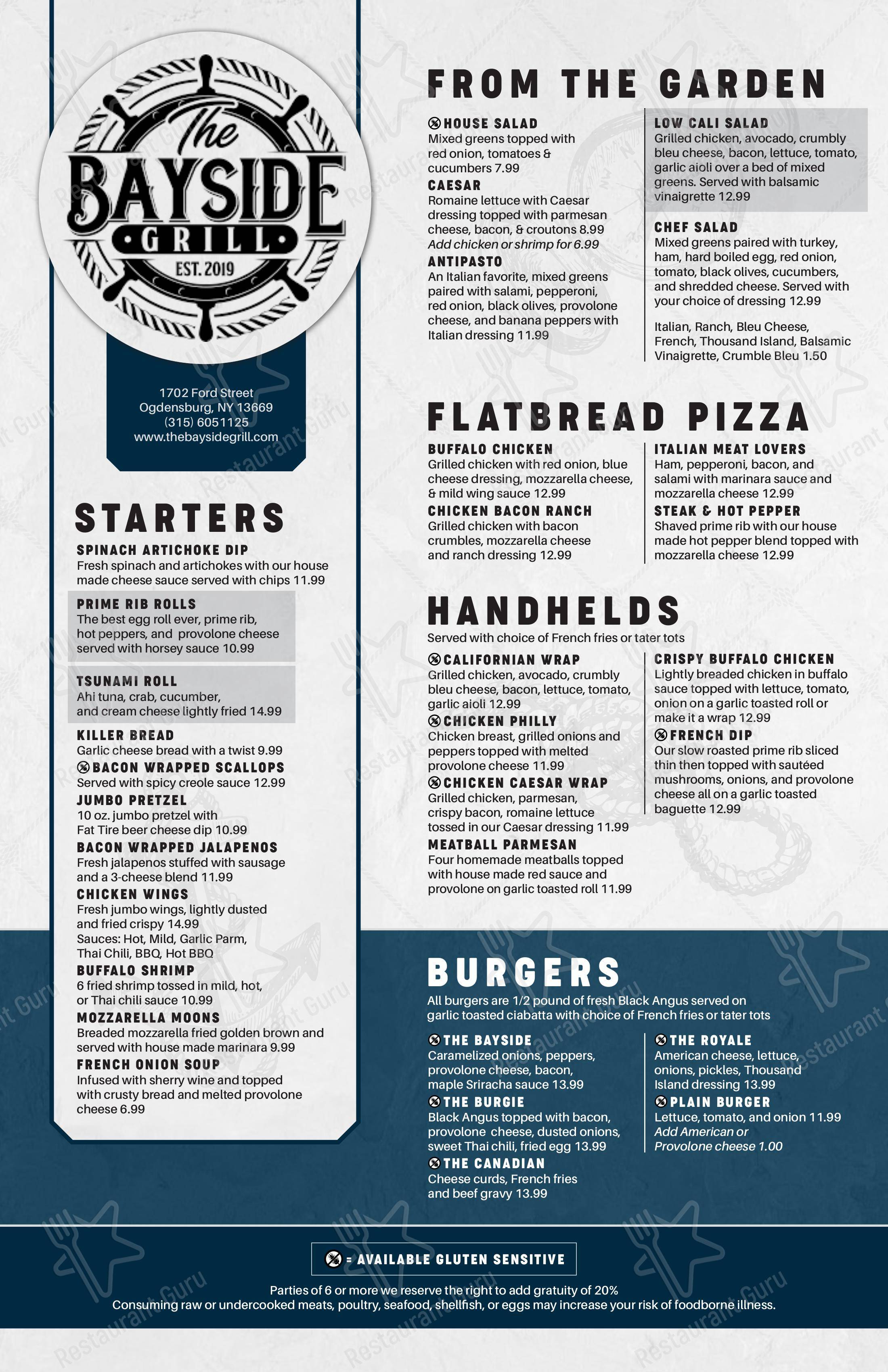 Menu at The Bayside Grill pub & bar, Ogdensburg