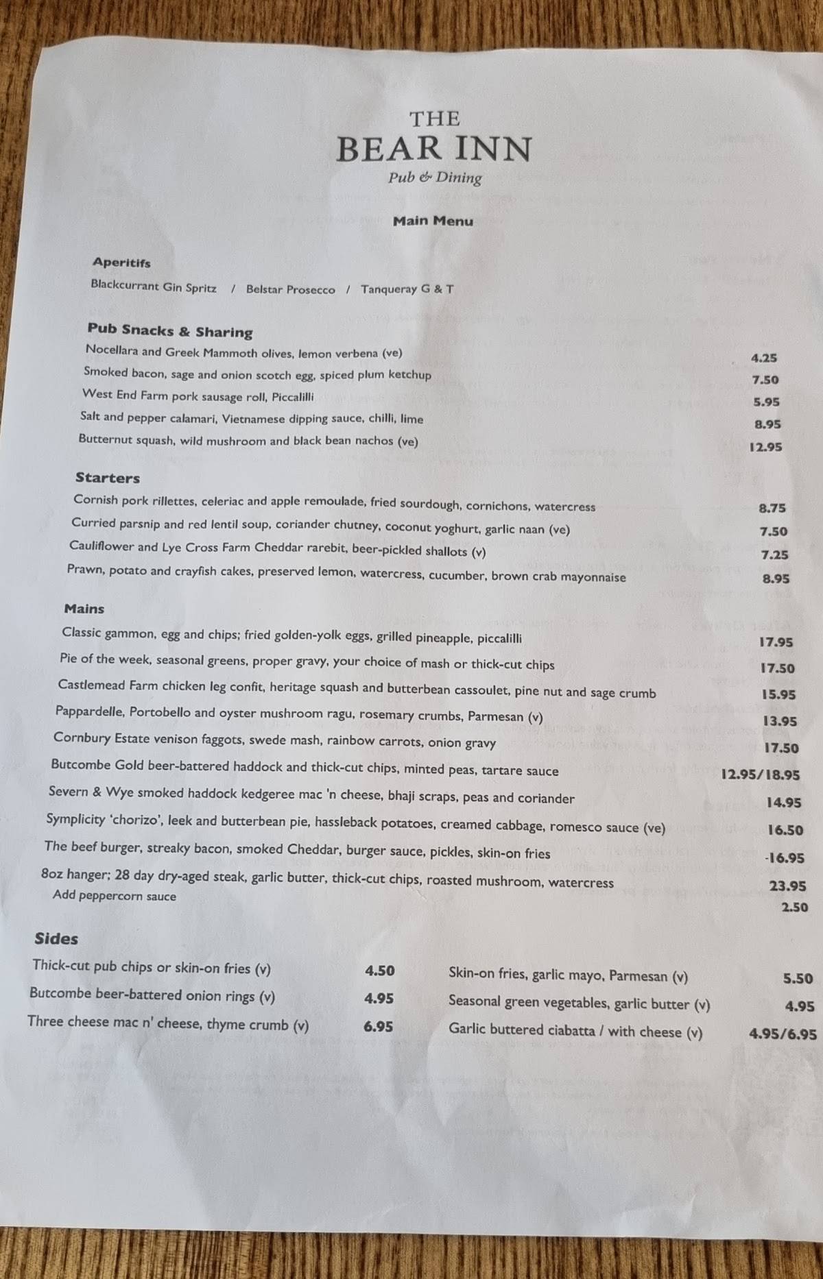 Menu at The Bear Inn, Cirencester pub & bar, Cirencester