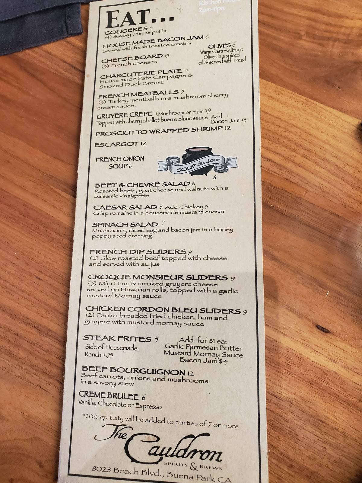 Menu at The Cauldron Spirits and Brews pub & bar, Buena Park