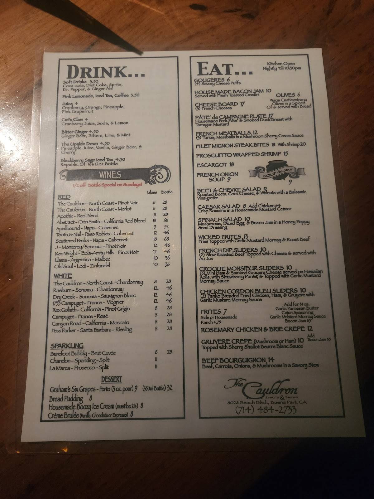 Menu at The Cauldron Spirits and Brews pub & bar, Buena Park