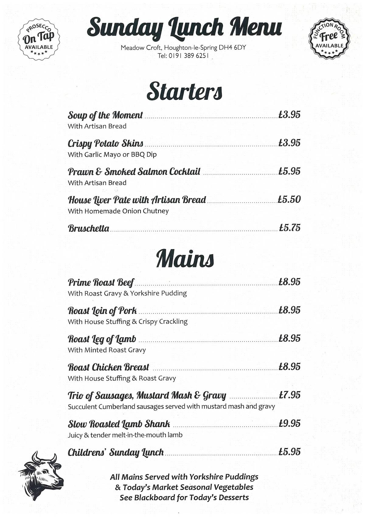 Menu at The Dun Cow, Bournmoor, County Durham pub & bar, Houghton le Spring