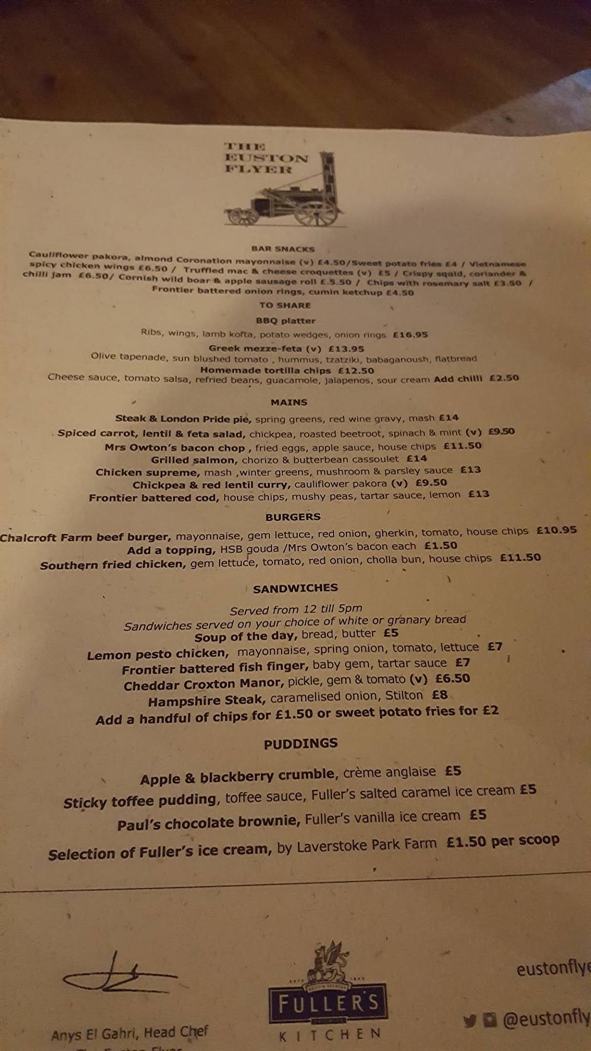 Menu at The Euston Flyer, Euston Road pub & bar, London