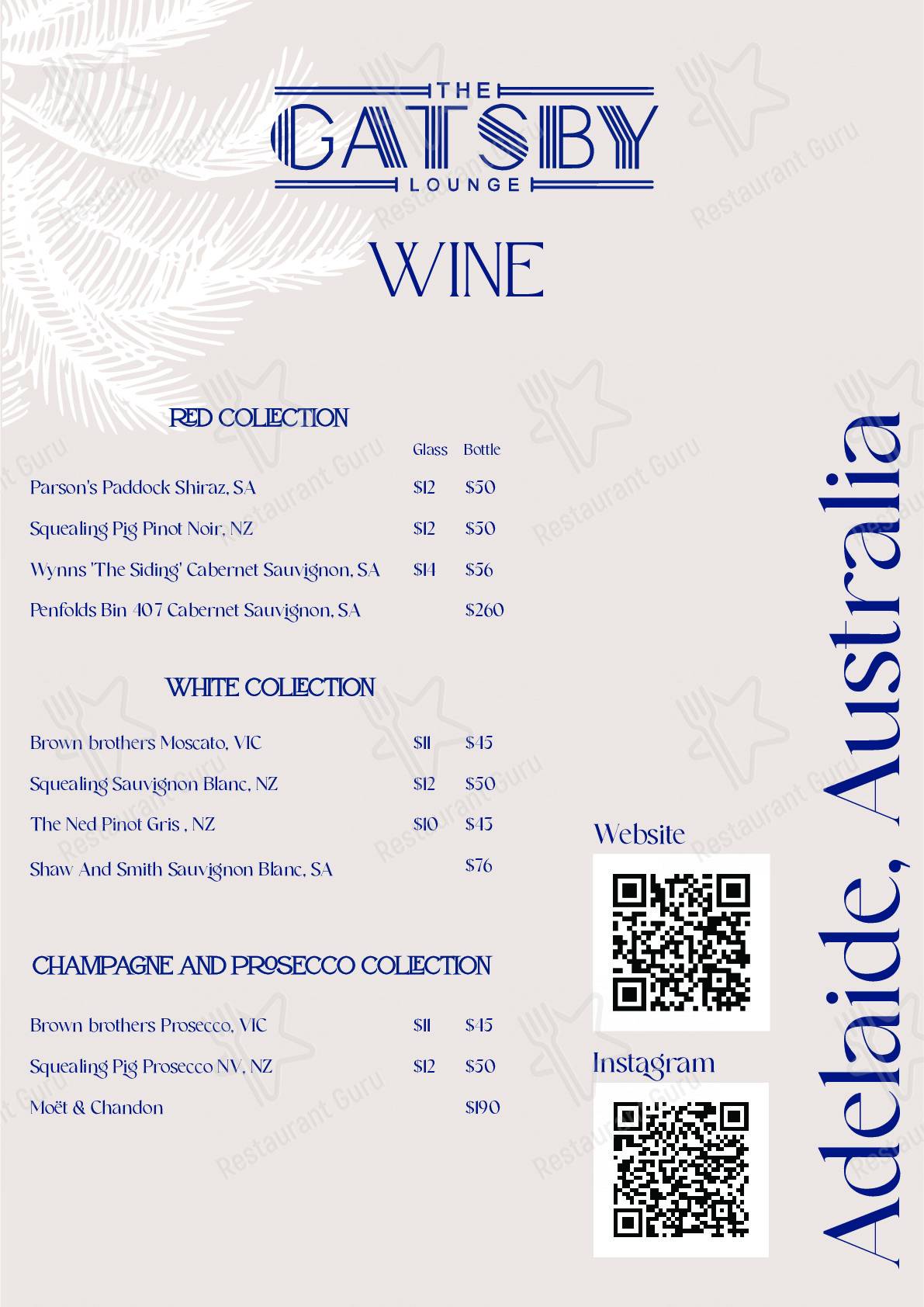 Menu at The Gatsby Lounge pub & bar, Adelaide