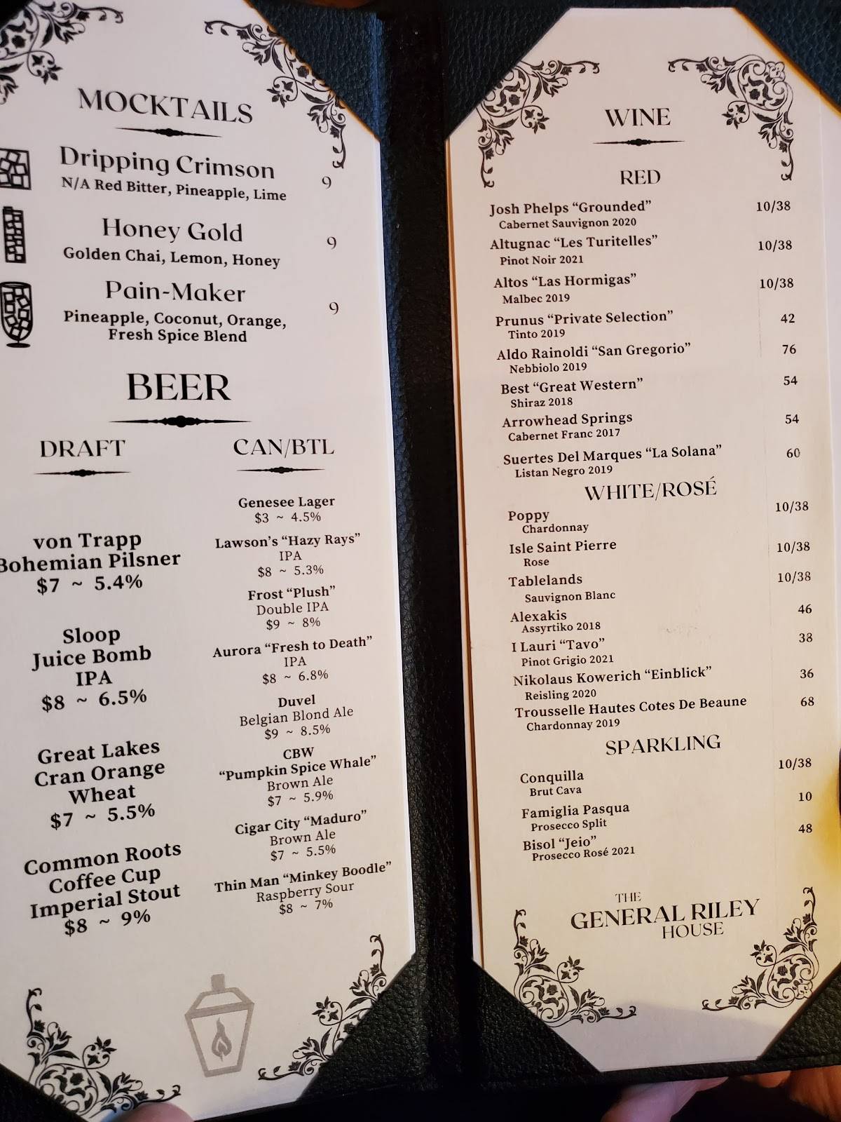 Menu at The General Riley House Speakeasy pub & bar, East Aurora