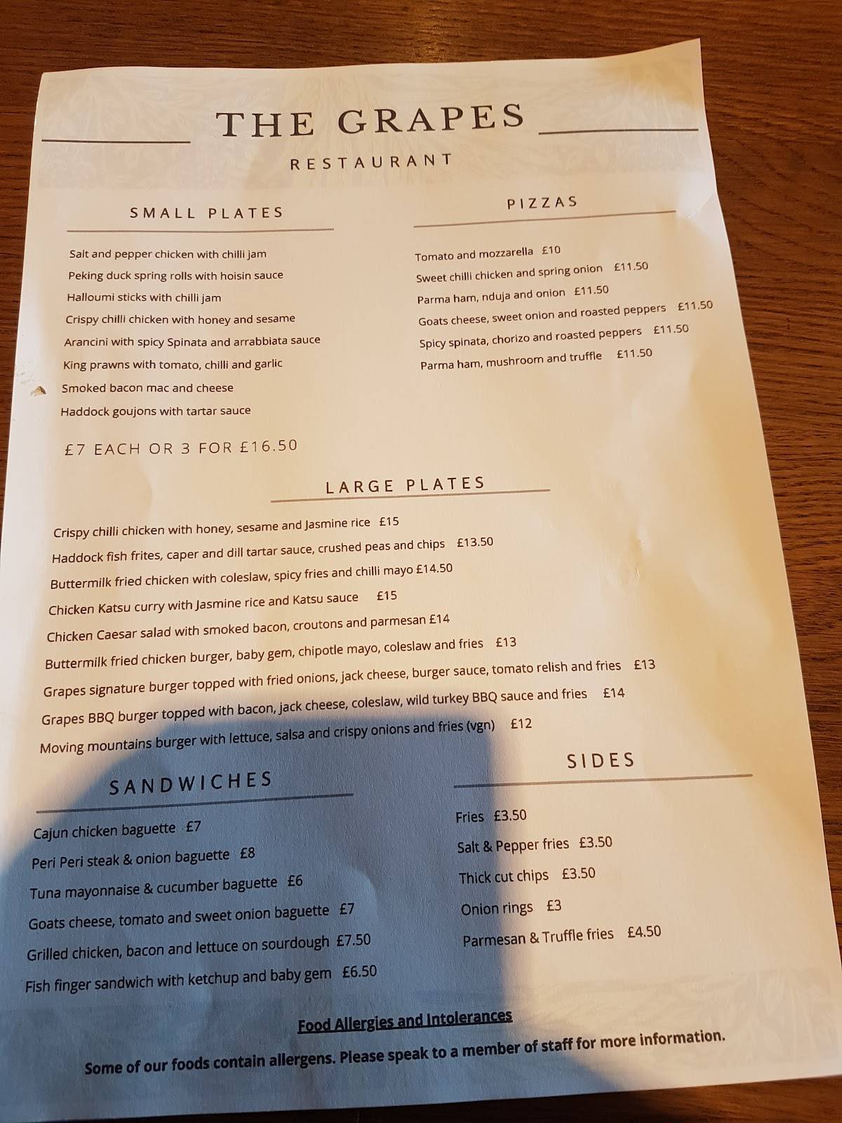 Menu at The Grapes pub & bar, Hyde