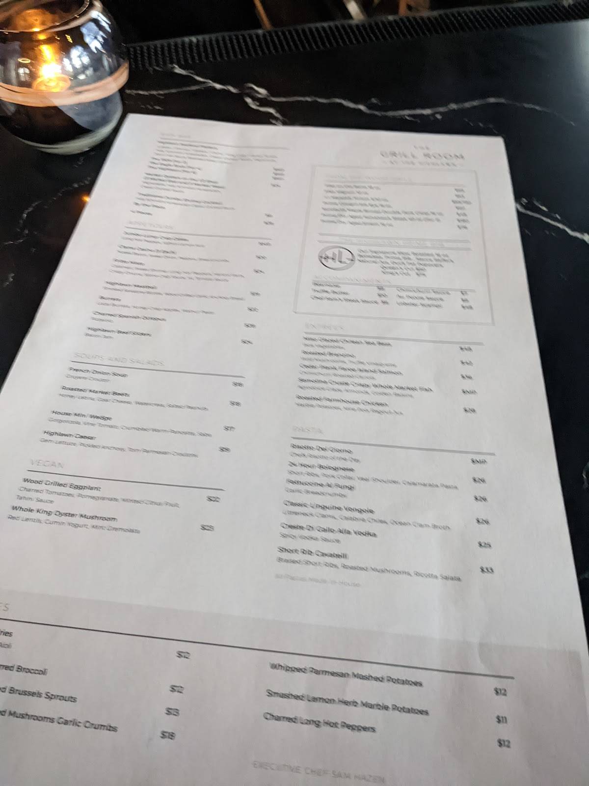 Menu at The Highlawn restaurant, West Orange