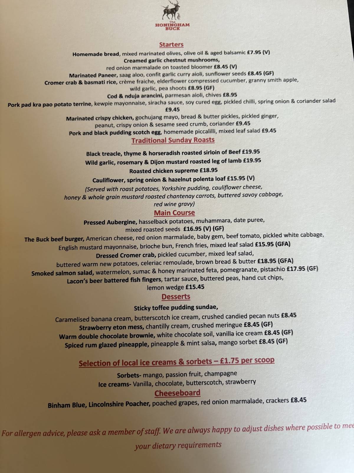 Menu at The Honingham Buck pub & bar, Easton