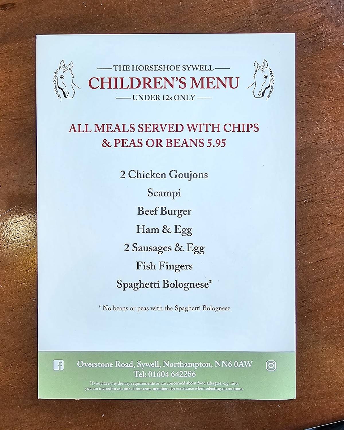 Menu at The Horseshoe Sywell pub & bar, Northampton, 2 Overstone Rd