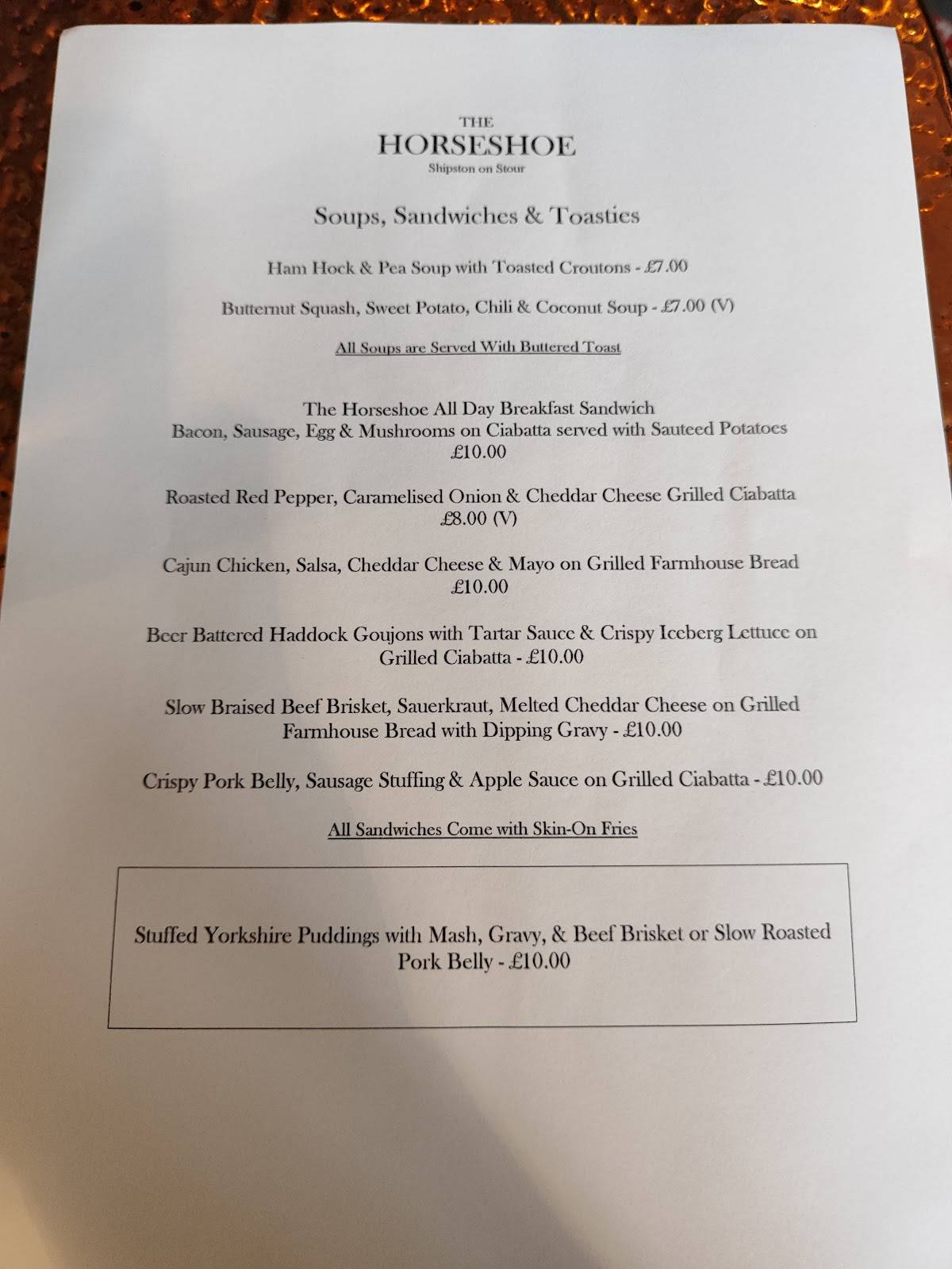Menu at The Horseshoe pub & bar, Shipston-on-Stour