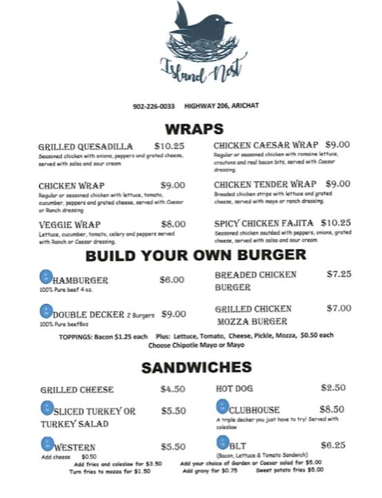 Menu at The Island Nest restaurant, Arichat, NS-206