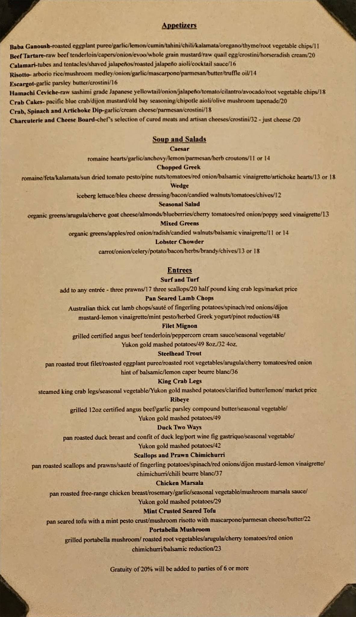 Menu at The Lake House Restaurant, South Lake Tahoe