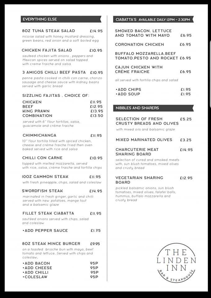 Menu at The Linden Inn Bar & Steakhouse, Stirling