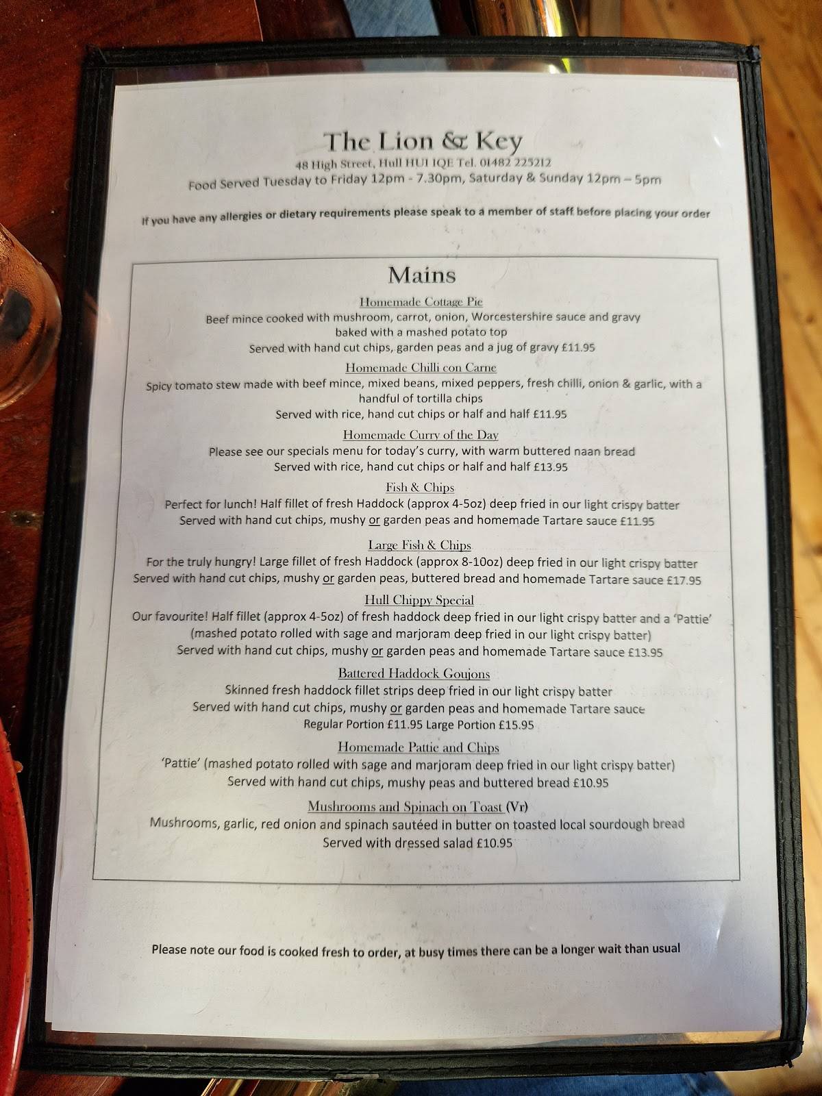 Menu at The Lion & Key pub & bar, Hull