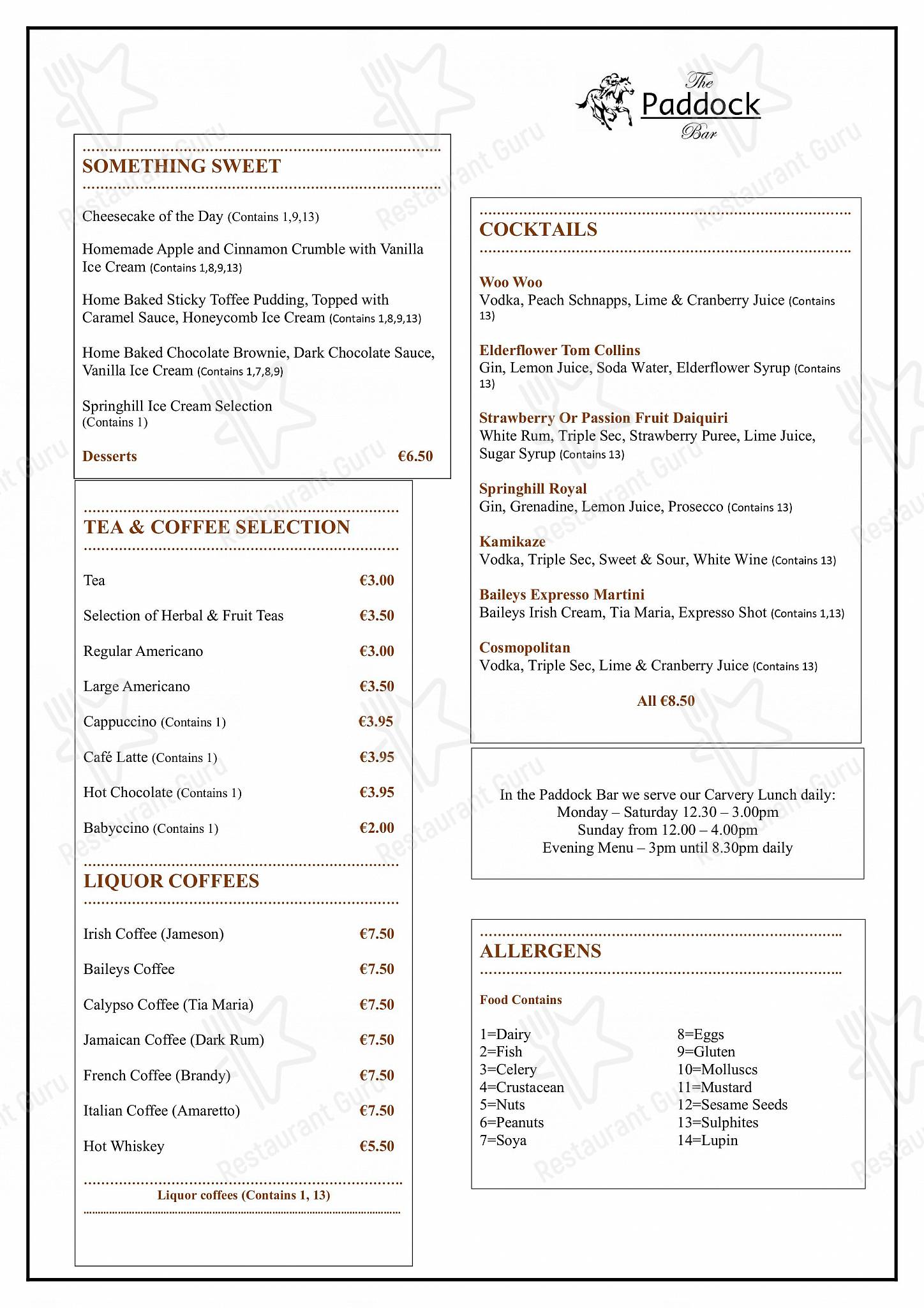 Menu at The Paddock Bar, Kilkenny
