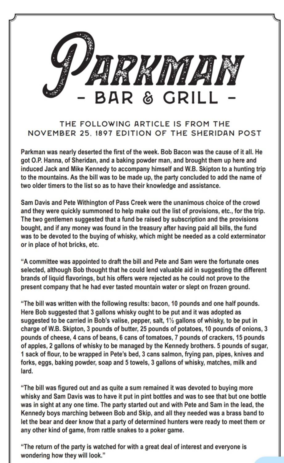 Menu at The Parkman Bar and Grill Parkman WY, Dayton