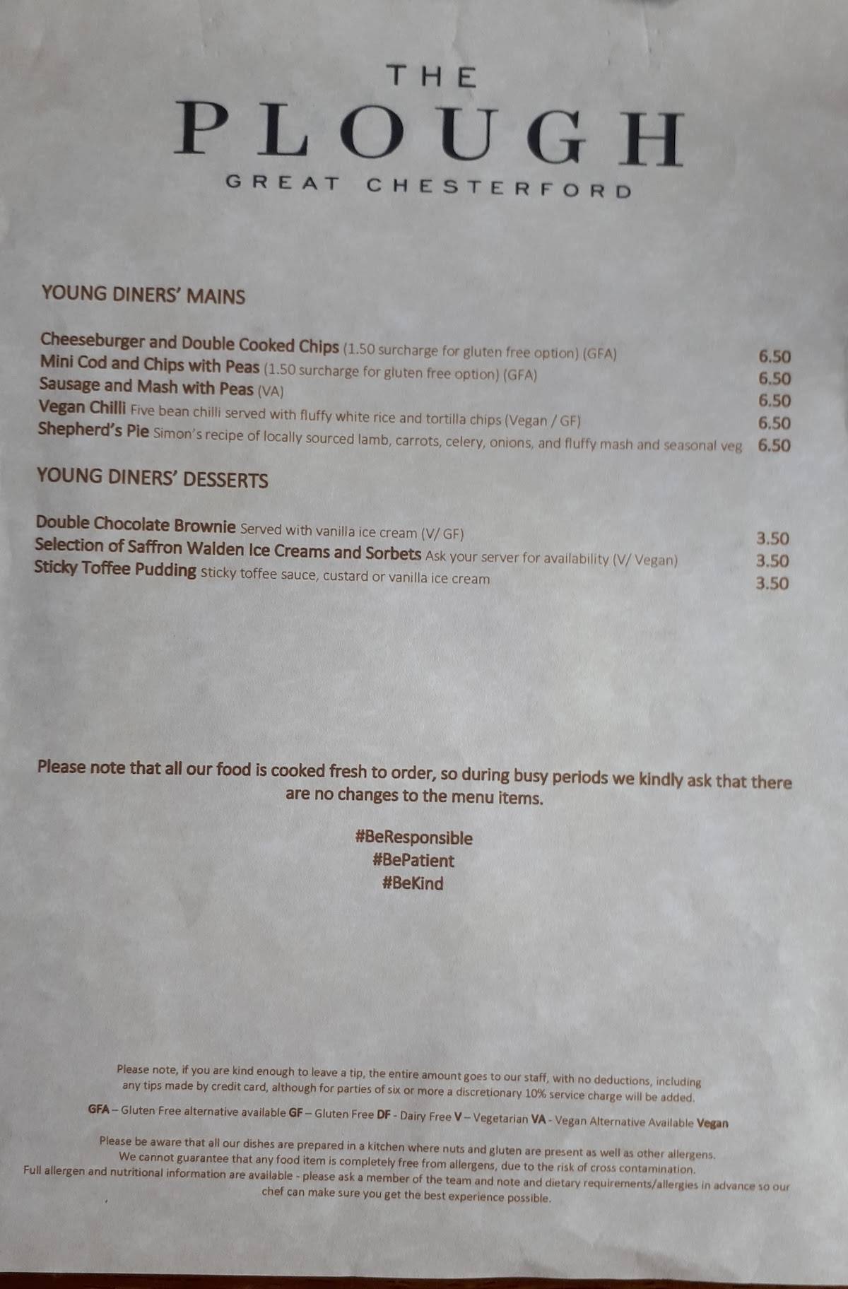 Menu at The Plough Great Chesterford pub & bar, Great Chesterford