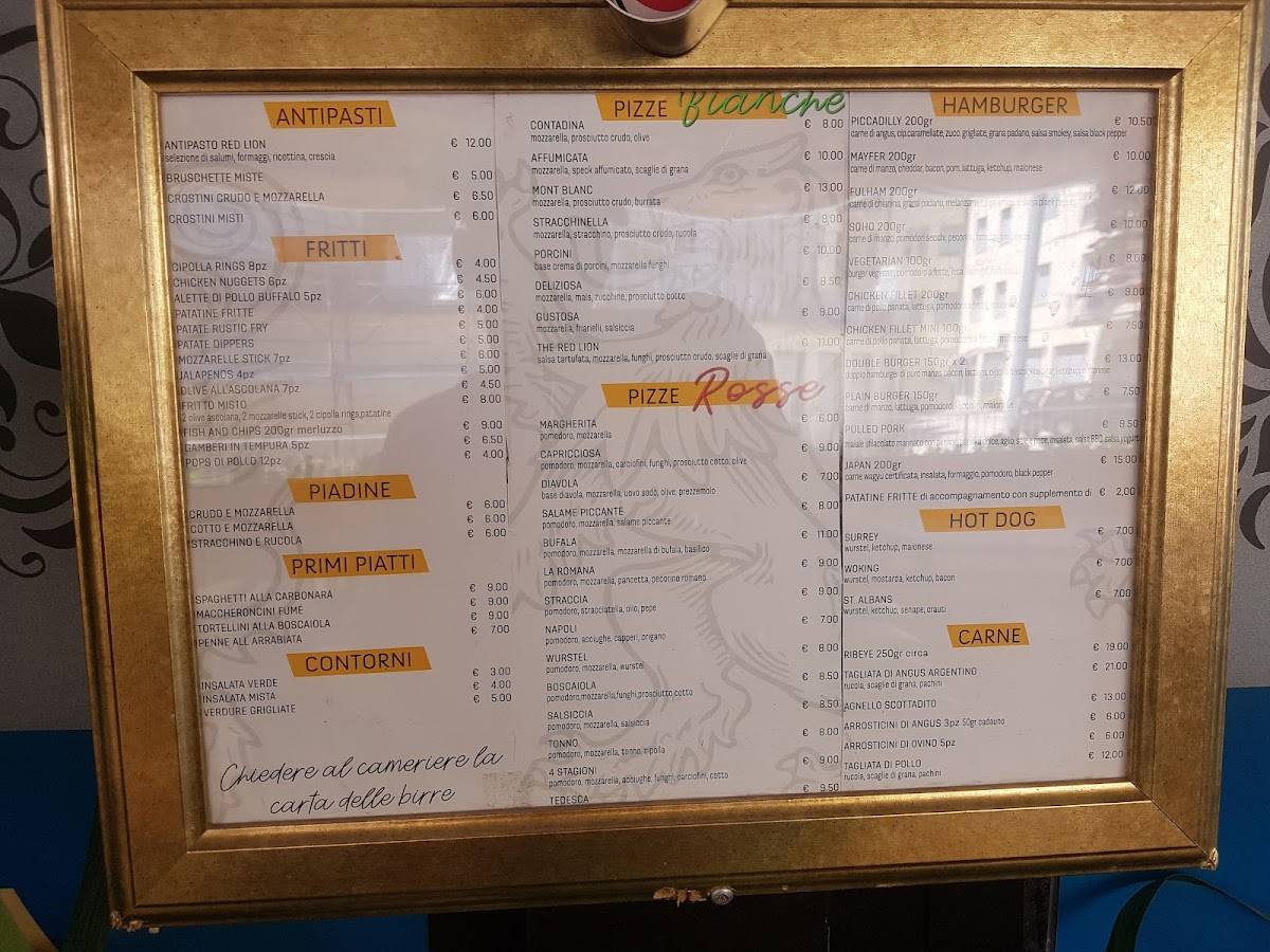 Menu au The RED LION PUB, Matelica