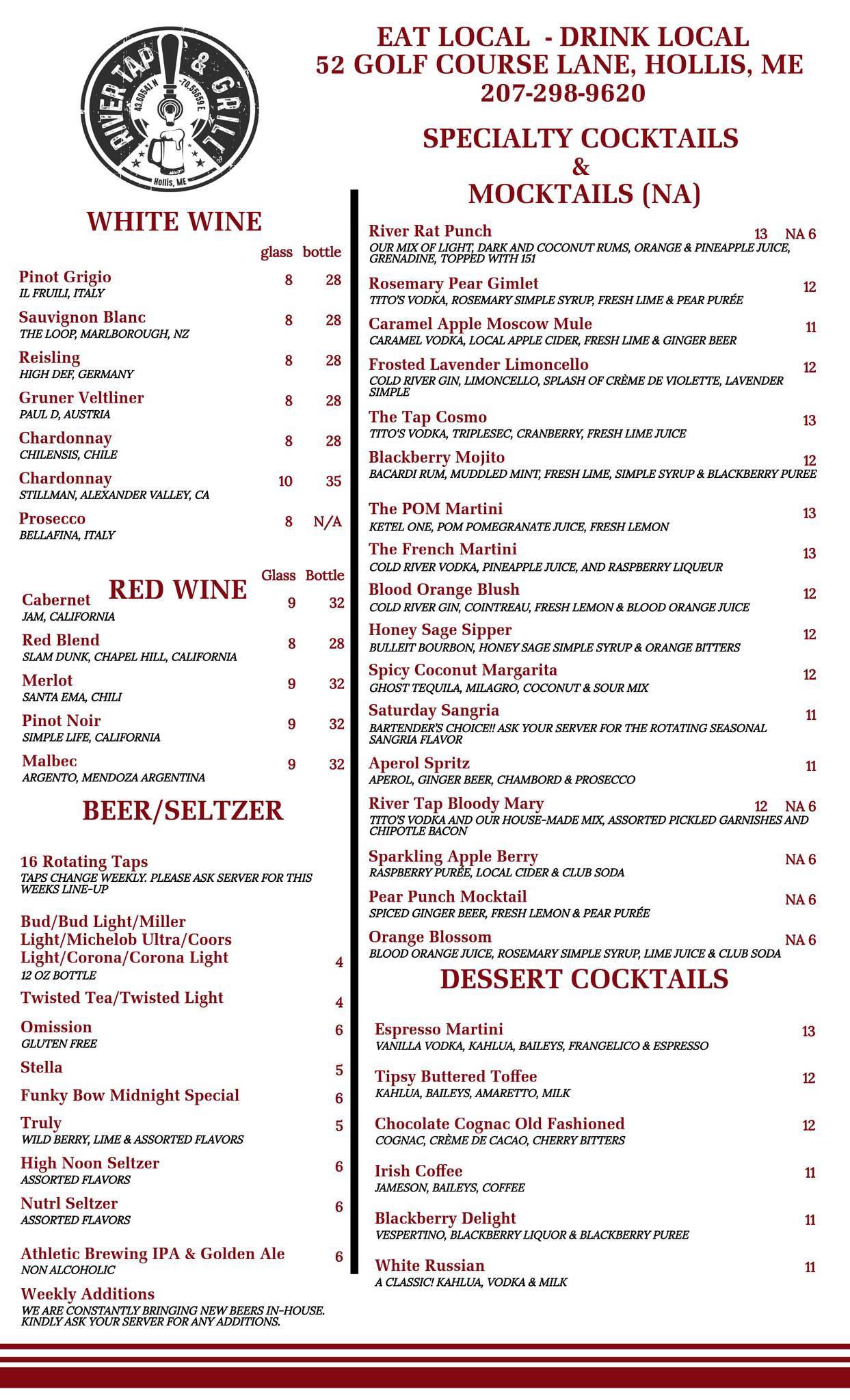 Menu at The River Tap & Grill pub & bar, Hollis