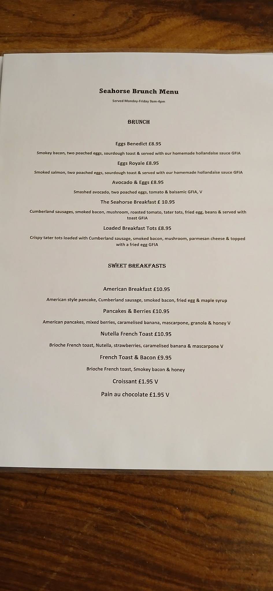 Menu at The Seahorse Pub, Gosport