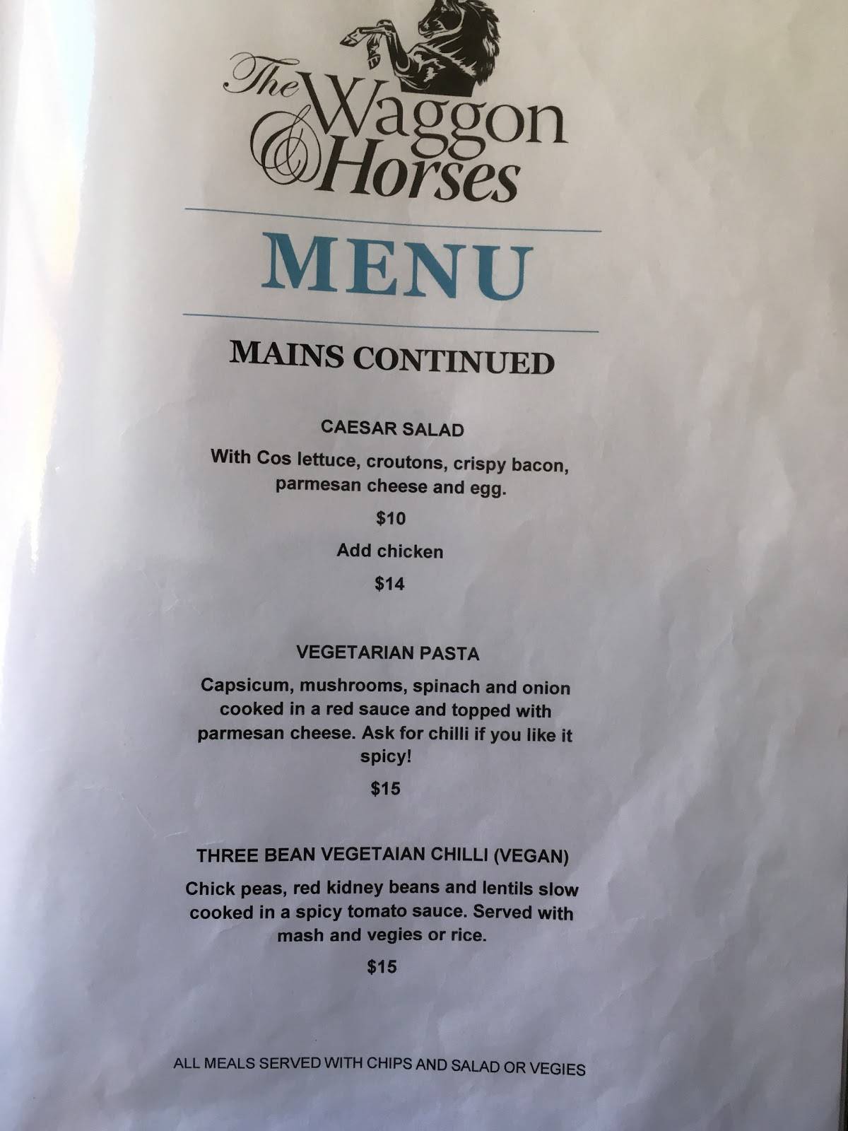 Menu at The Waggon & Horses Hotel pub & bar, North Hobart