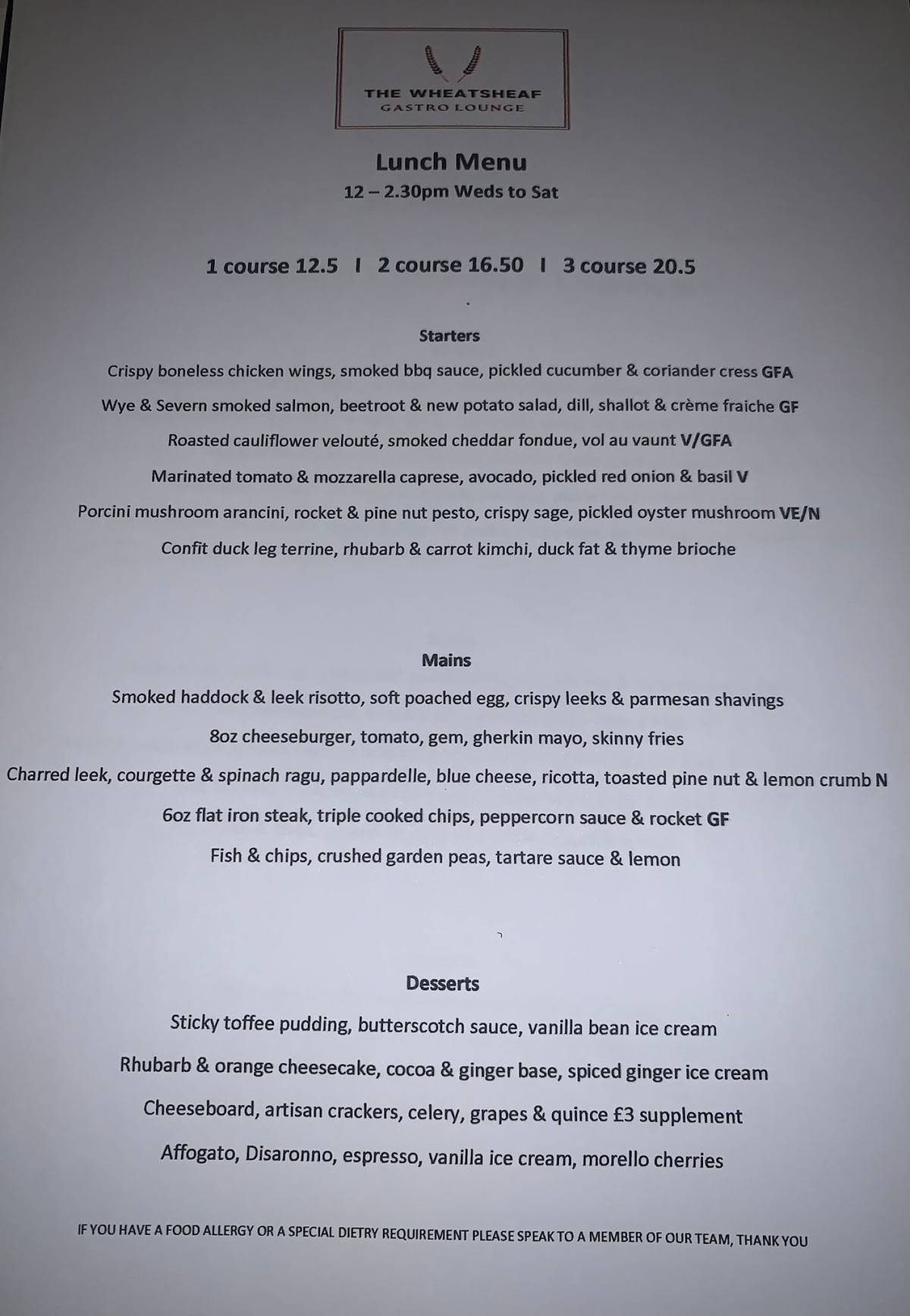 Menu at The Wheatsheaf Gomersal restaurant, Cleckheaton