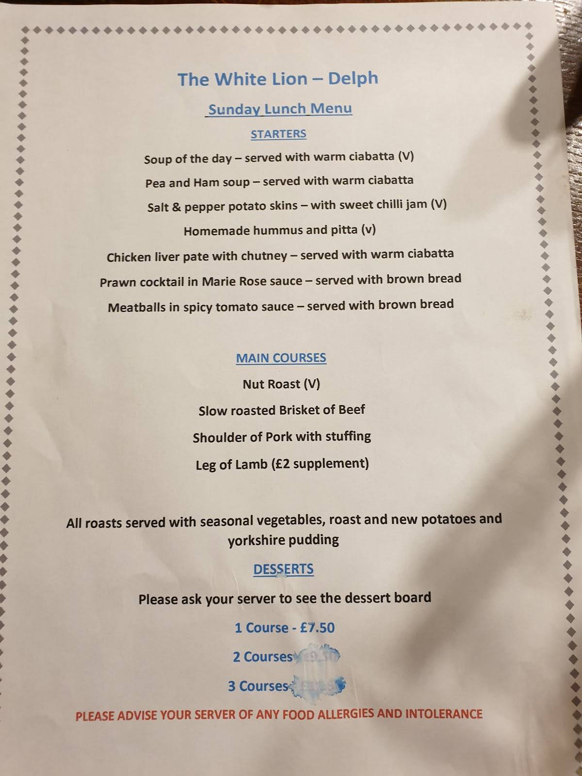 Menu at The White Lion pub & bar, Oldham