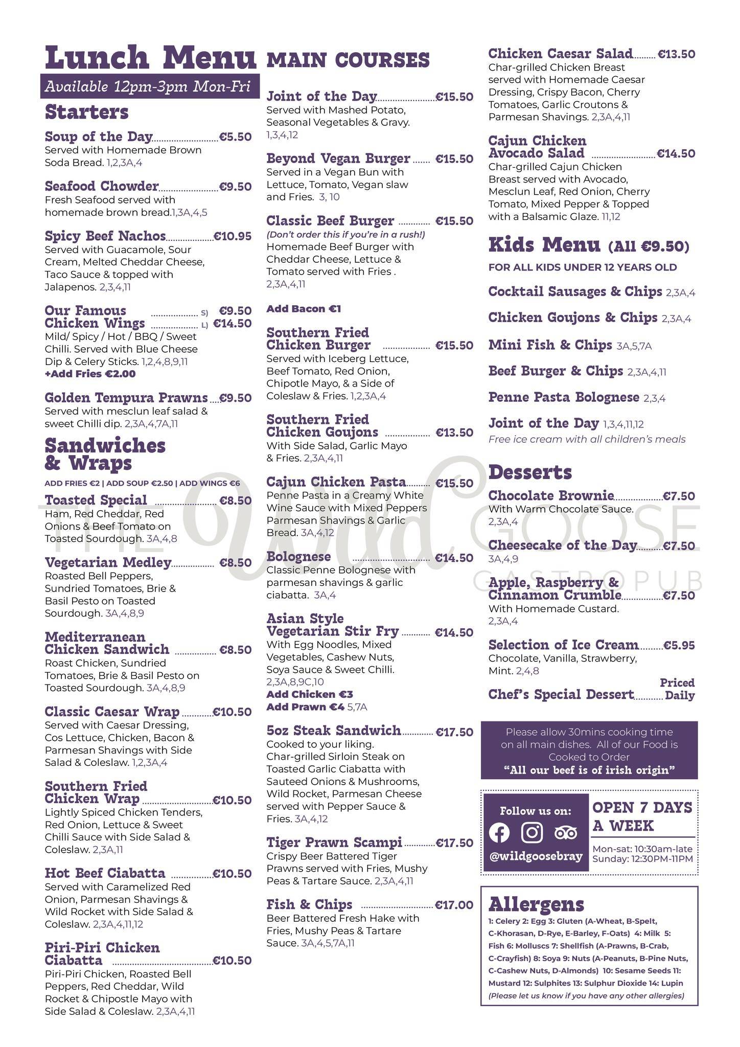 Menu at The Wild Goose pub & bar, Bray, Main St