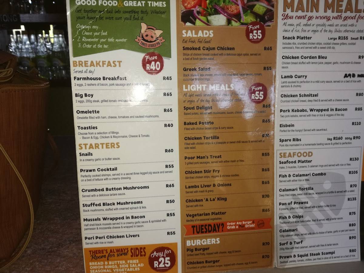 Menu at Three Legged Pig pub & bar, Port Elizabeth