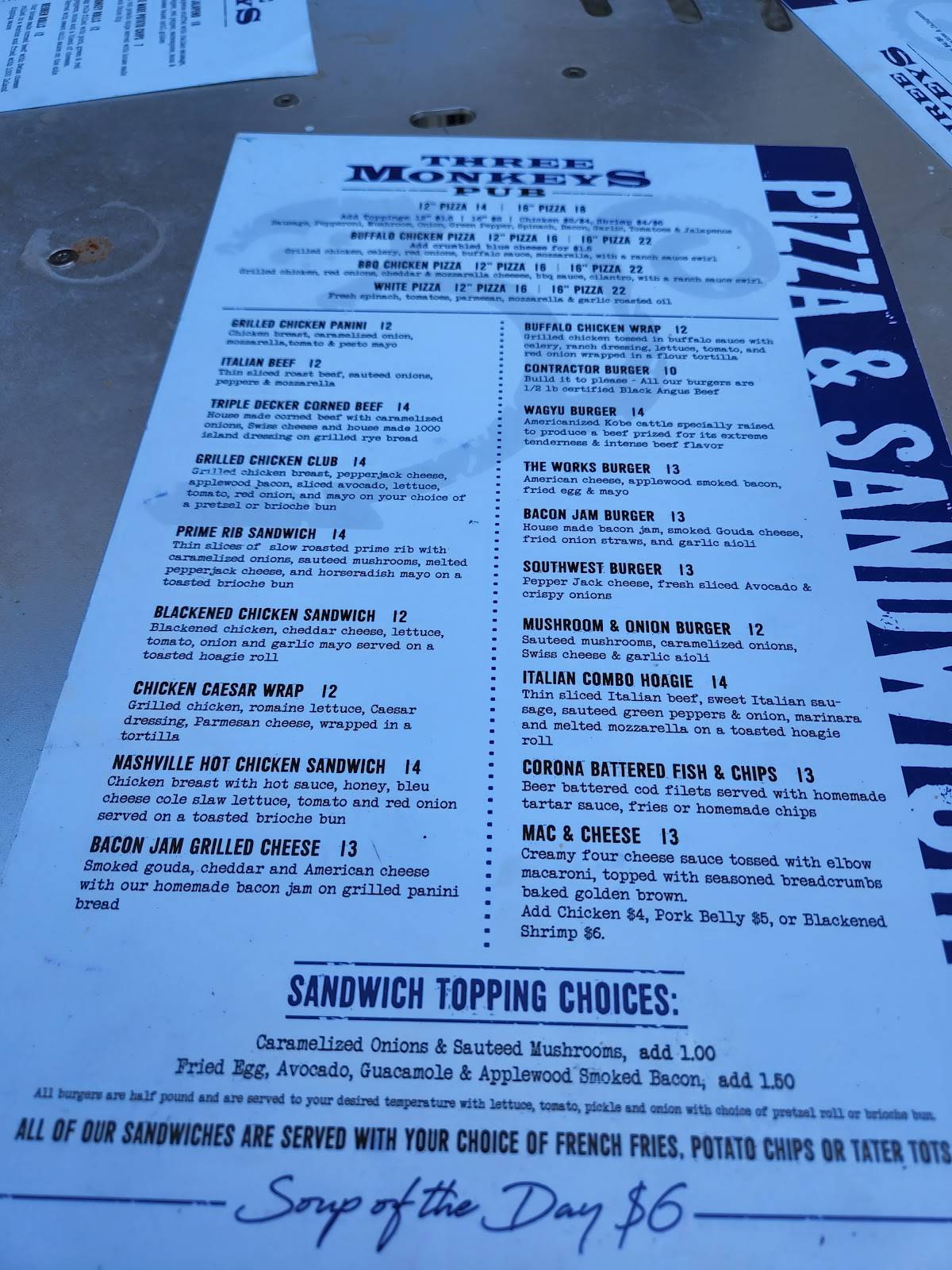Menu at Three Monkeys Pub, Crown Point, 21 Adams St