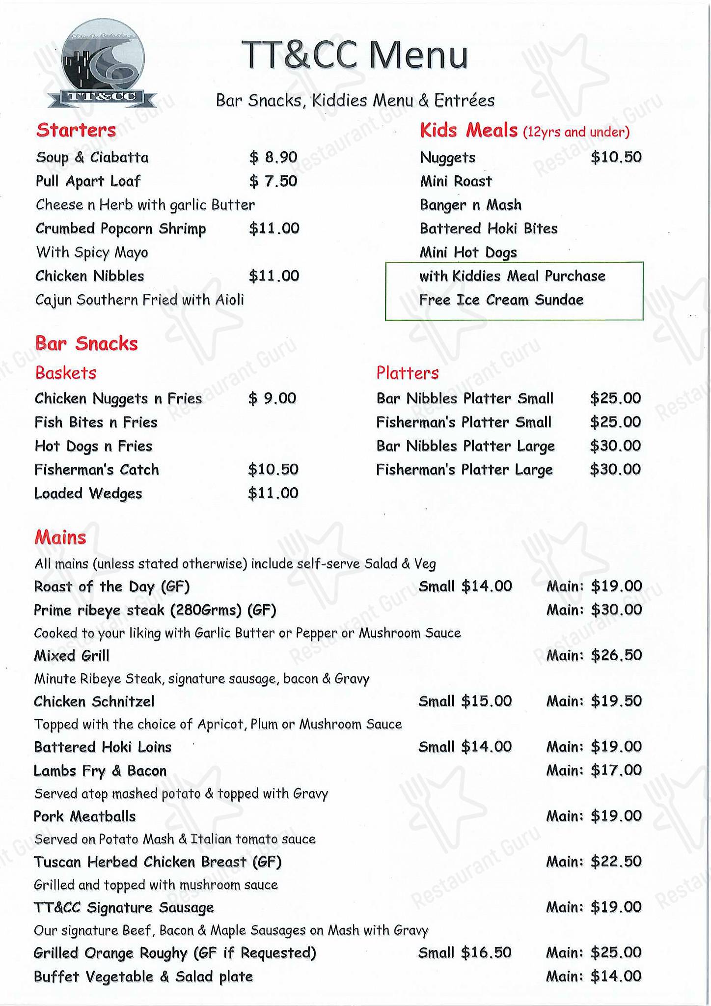Menu at Timaru Town & Country Club Restaurant, Timaru