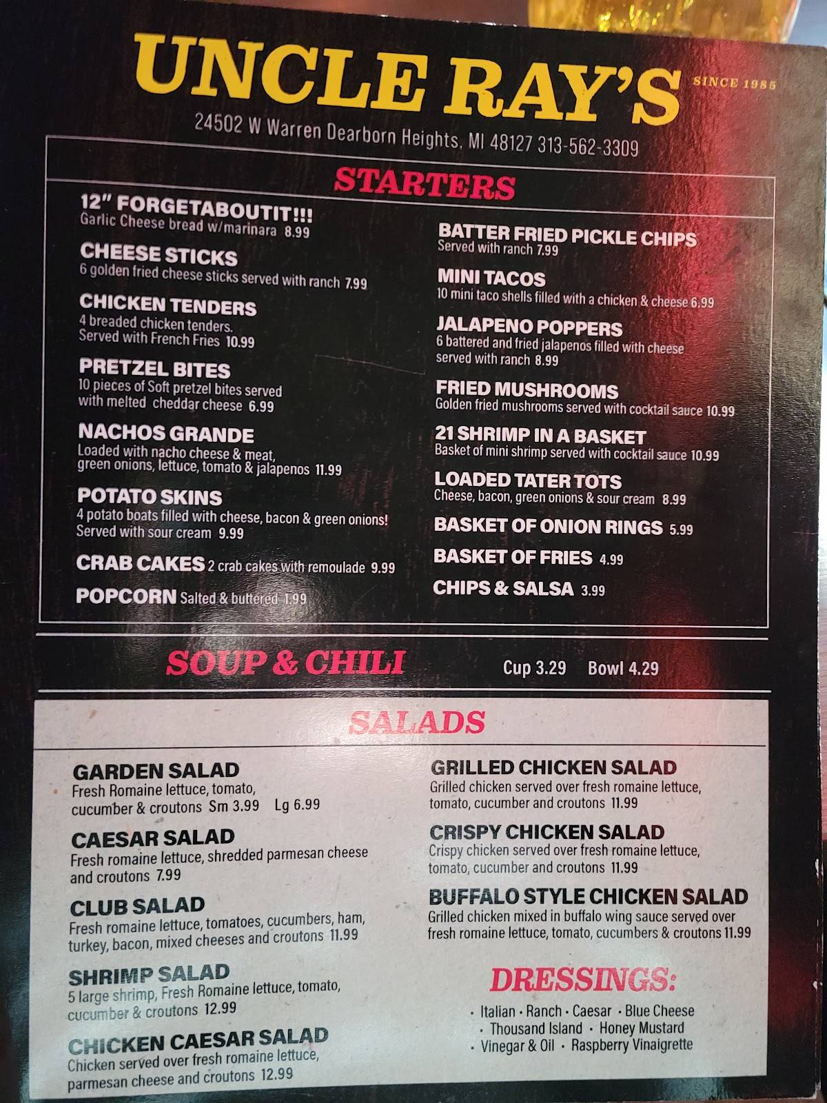 Menu at Uncle Ray's Place pub & bar, Dearborn Heights