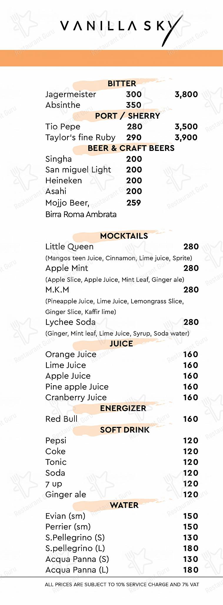 Menu at Vanilla Sky Rooftop Bar, Bangkok
