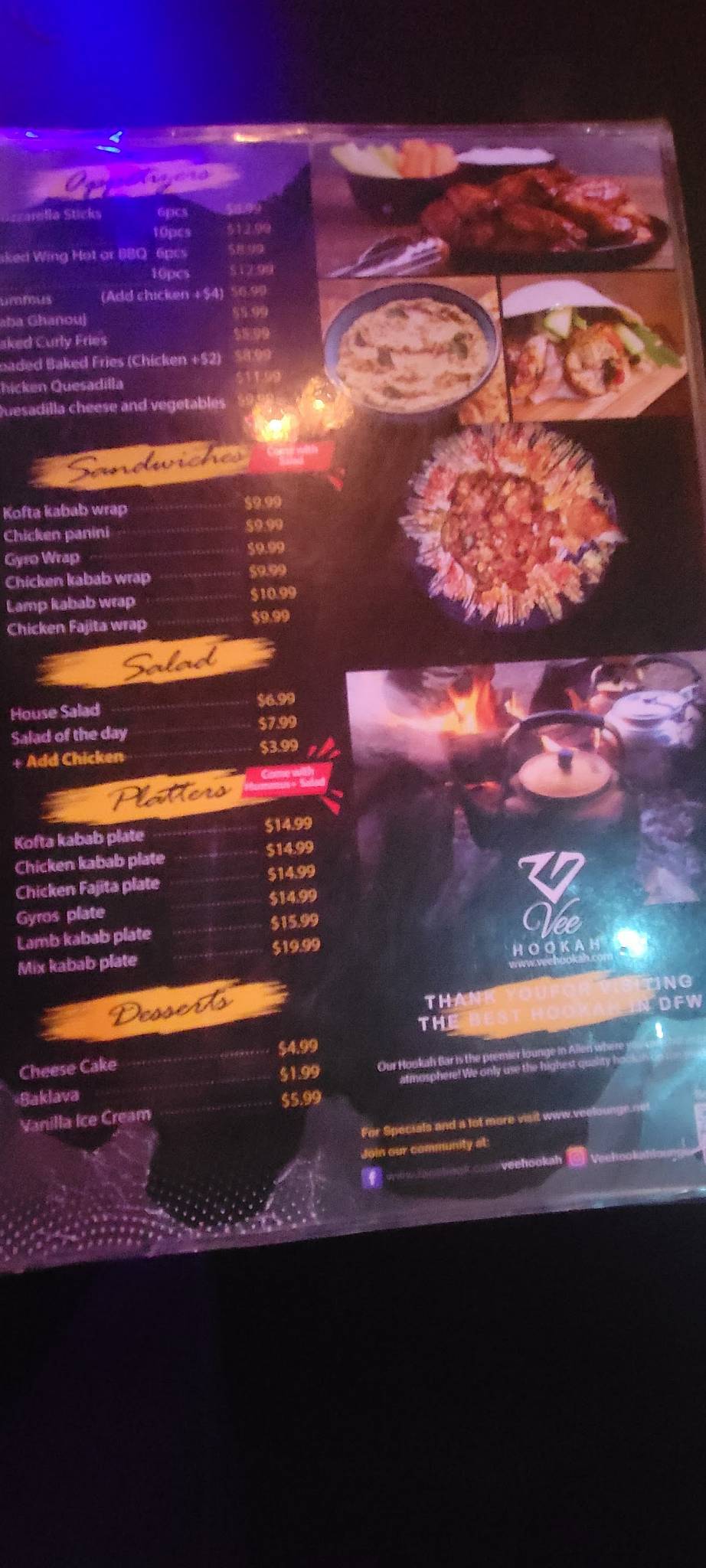 Menu at Vee Hookah Lounge pub & bar, Allen, 717 S Greenville Ave #110
