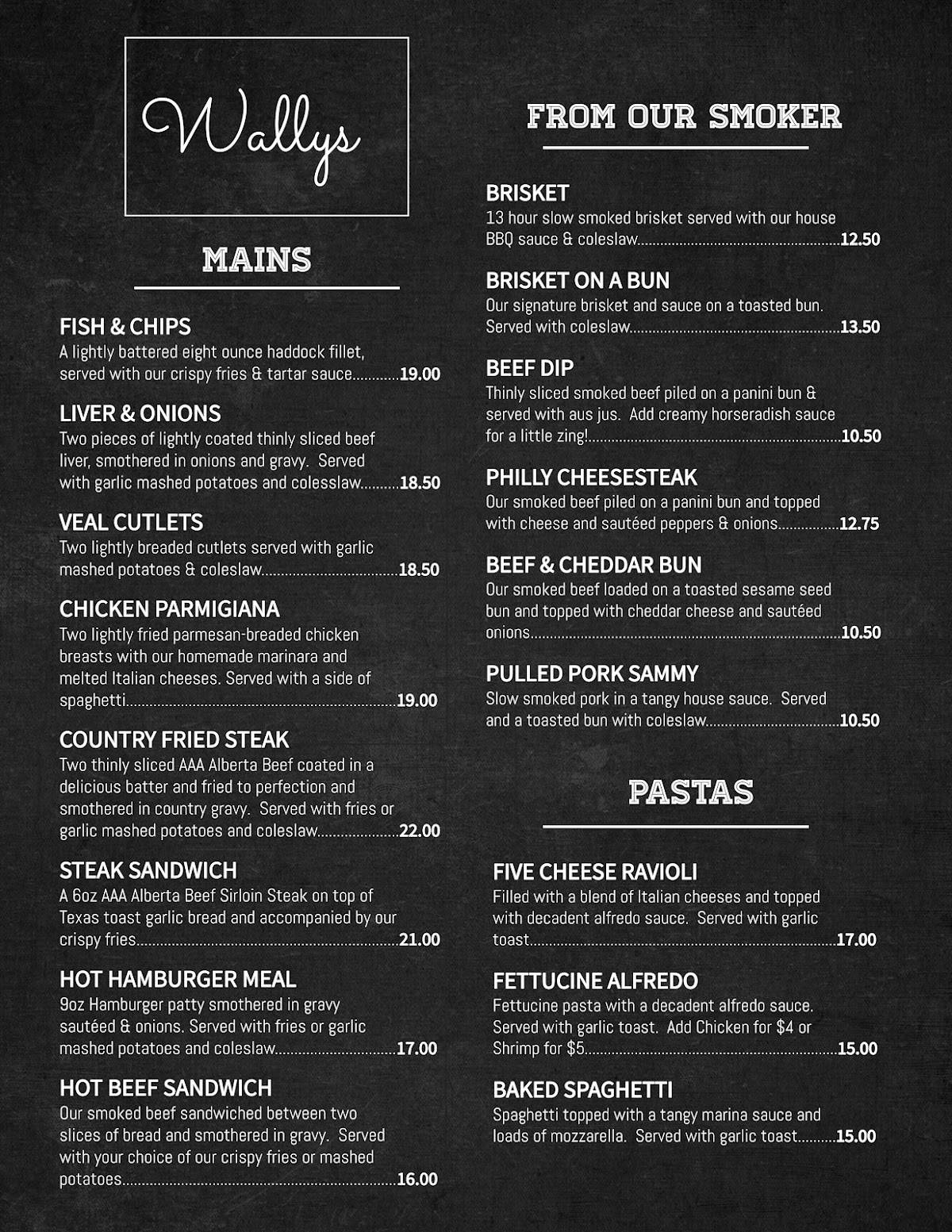 Menu at Wally's Bar & Grill, Onoway