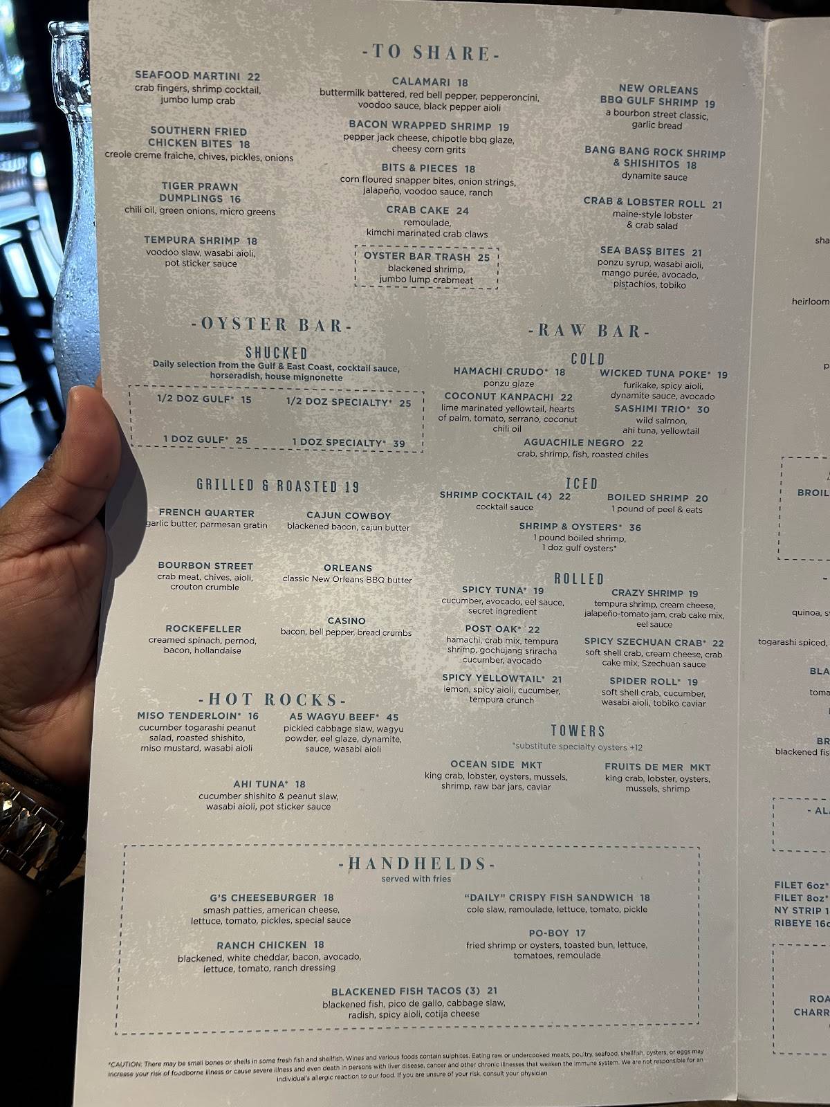 Menu at Willie G's Seafood pub & bar, Houston
