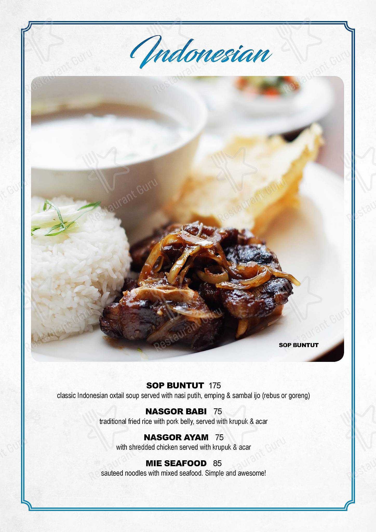 Menu at De Hooi pub & bar, South Jakarta