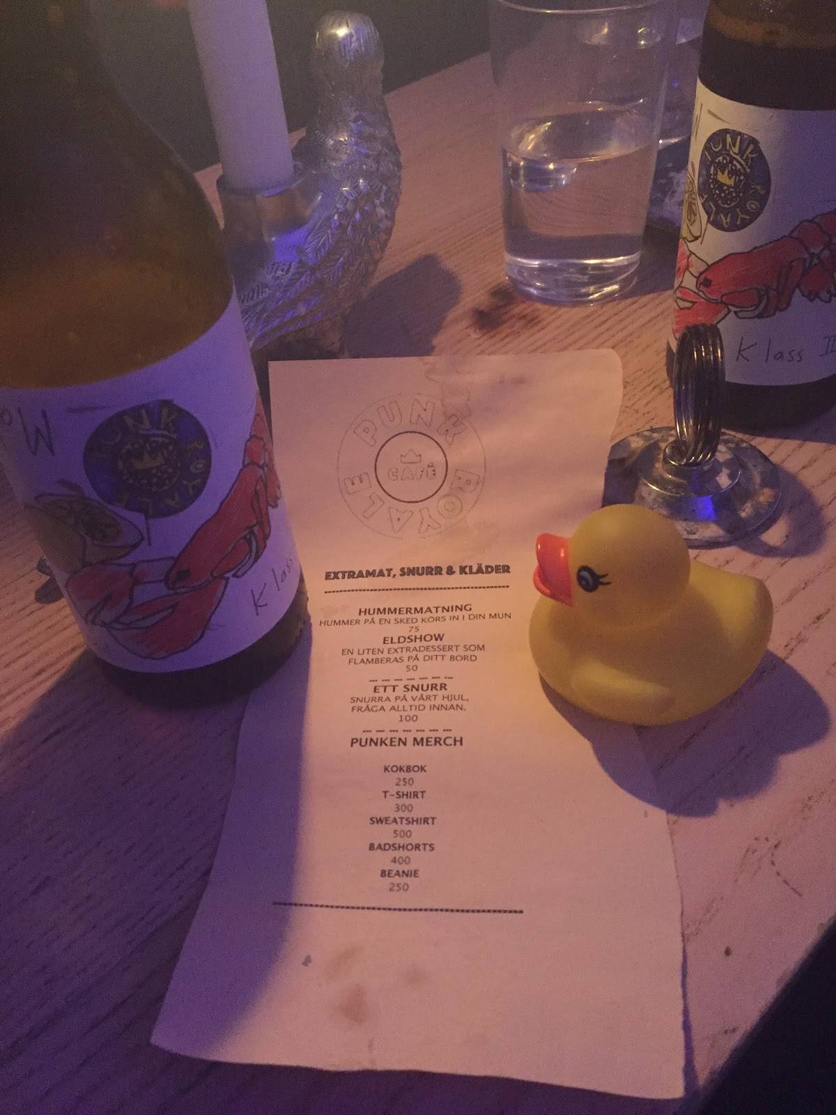Menu at Punk Royale restaurant, Stockholm