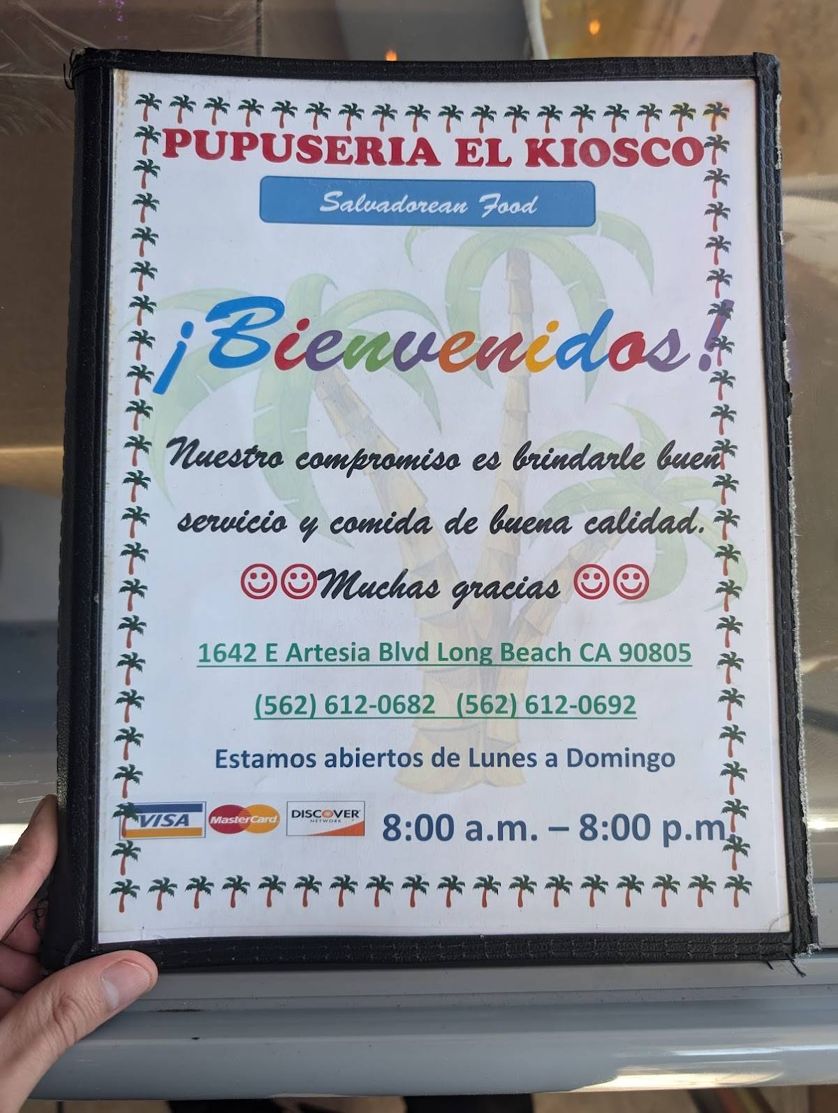 Menu at Pupuseria el kiosco restaurant, Long Beach