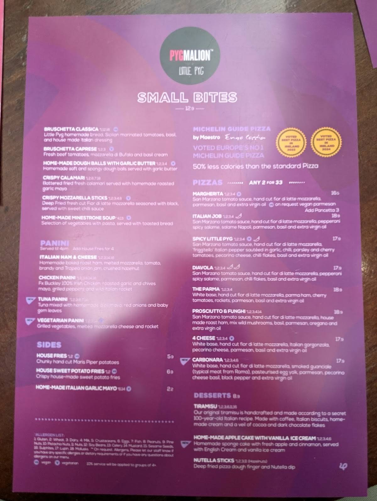Menu at Pygmalion pub & bar, Dublin, 59 William St S