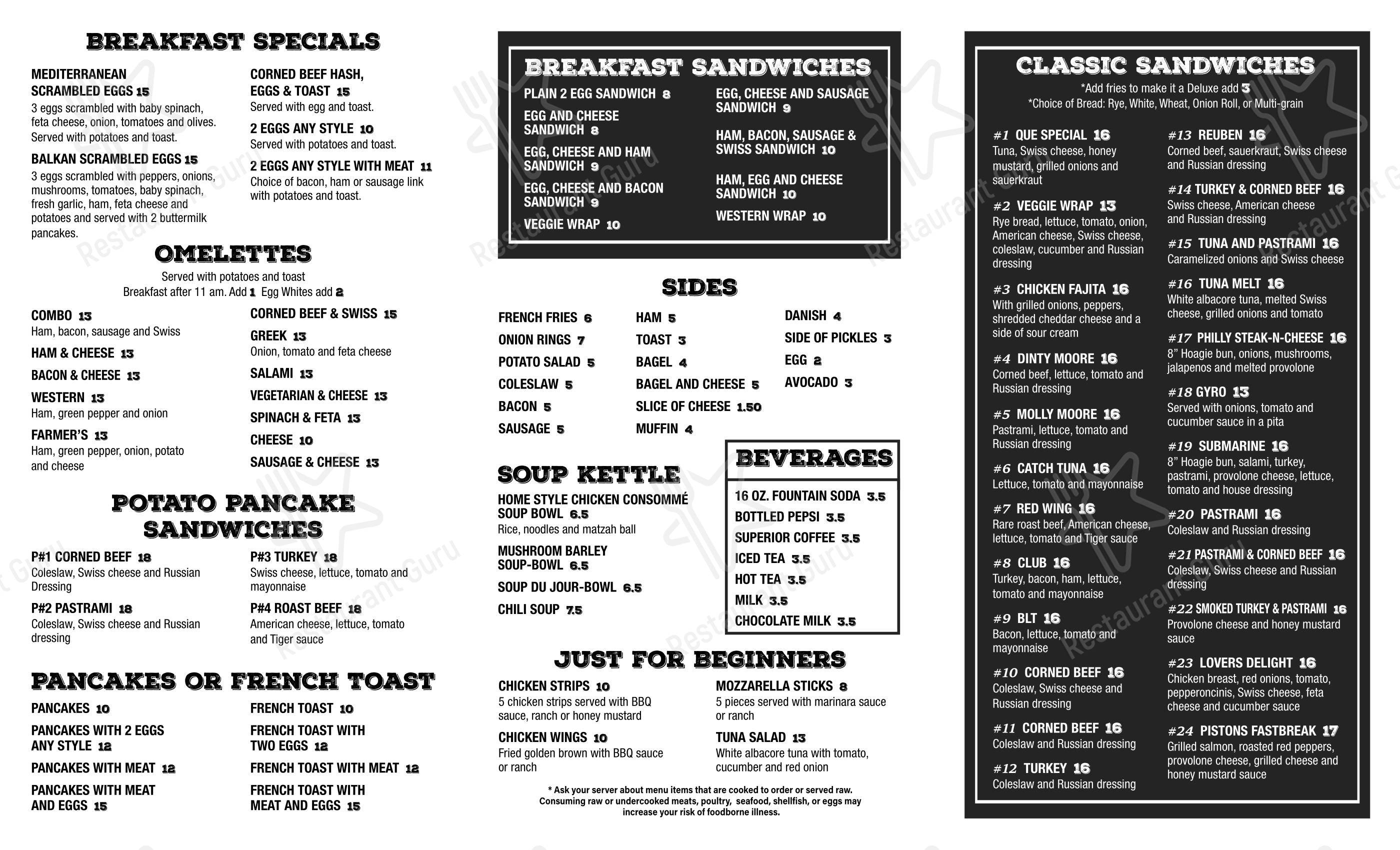 Menu at Que Deli restaurant, Detroit