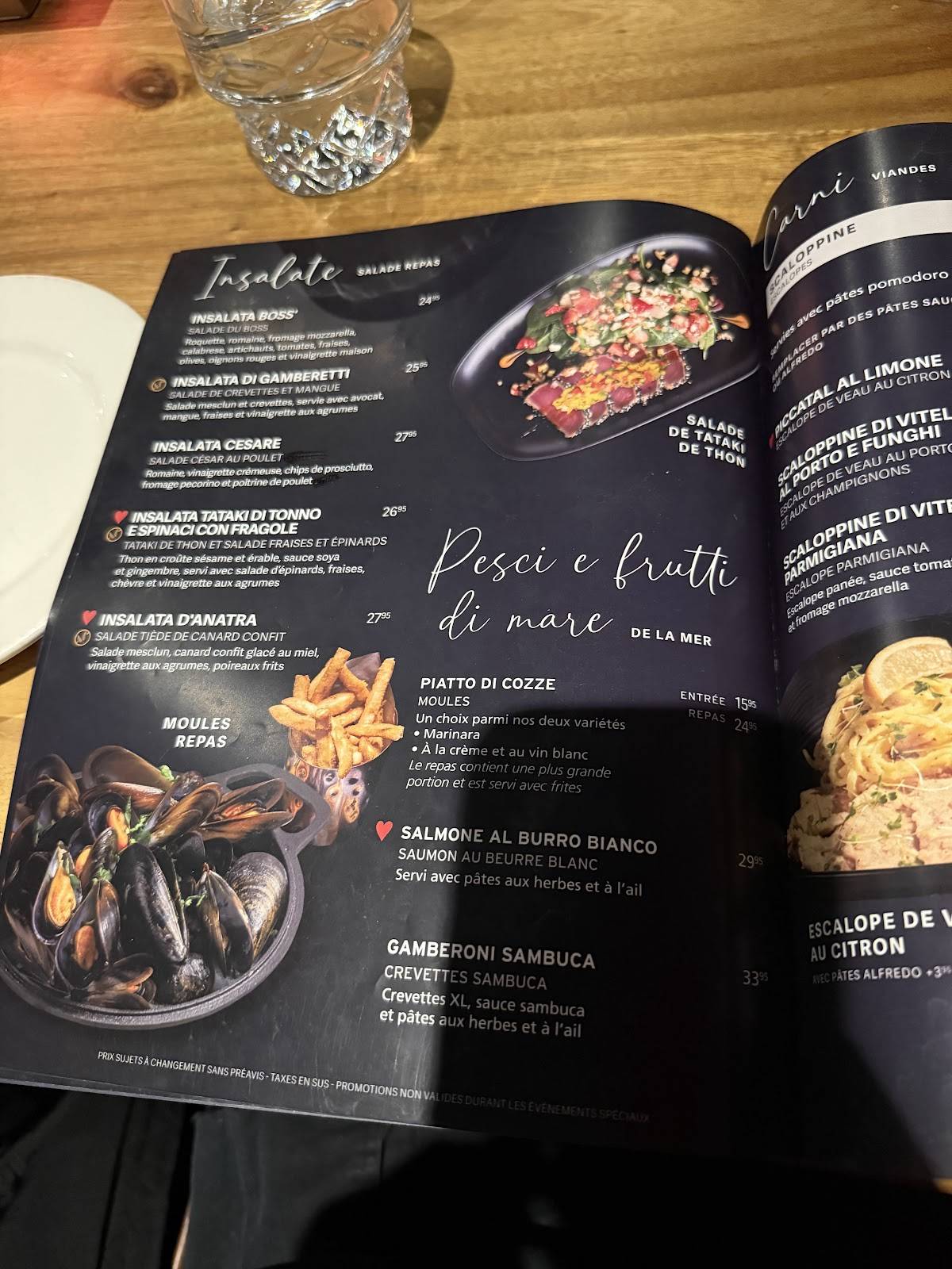 Menu au Bossini restaurant, Québec