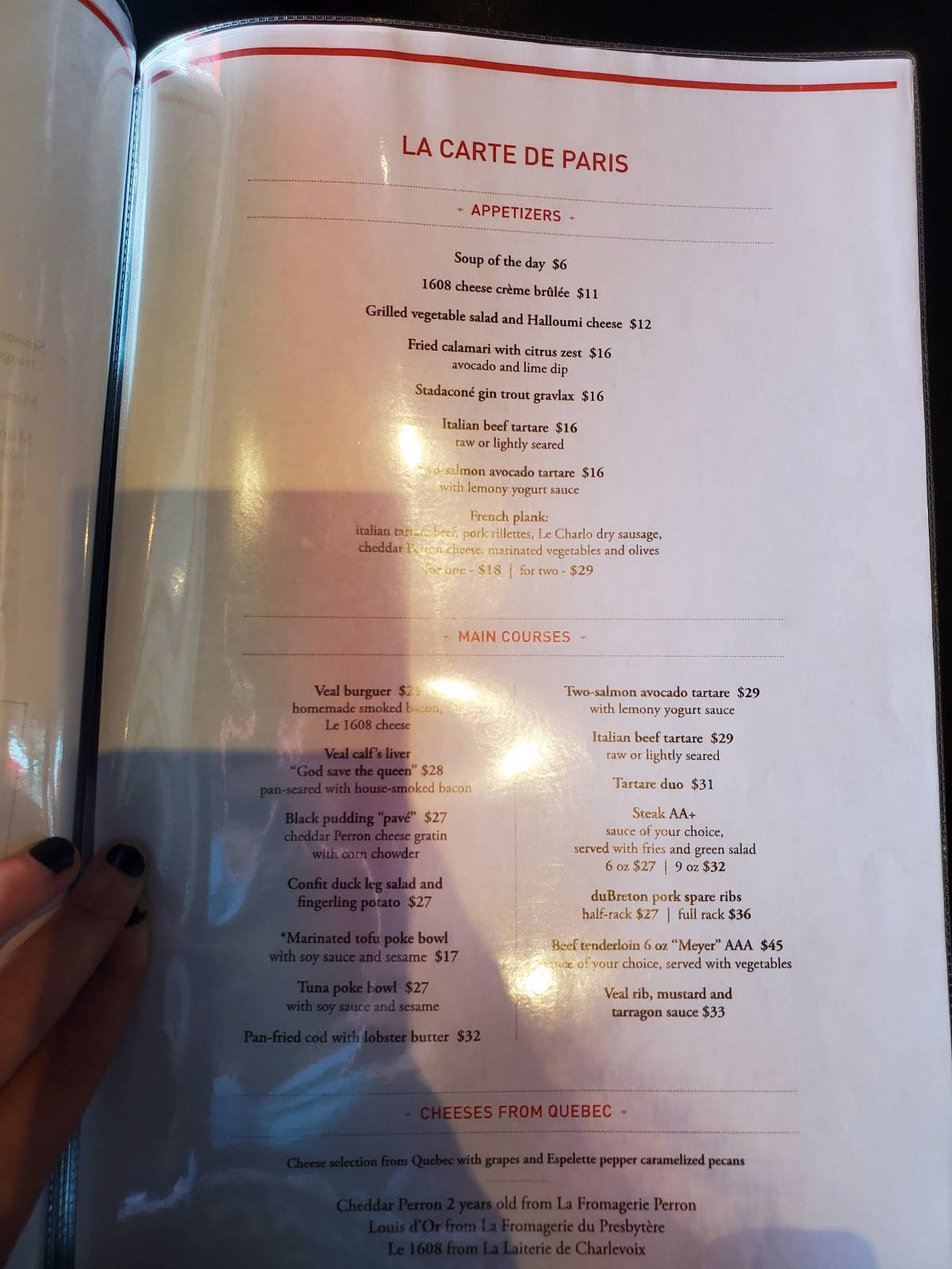 Menu au Paris Grill restaurant à viande, Québec, Bd Laurier