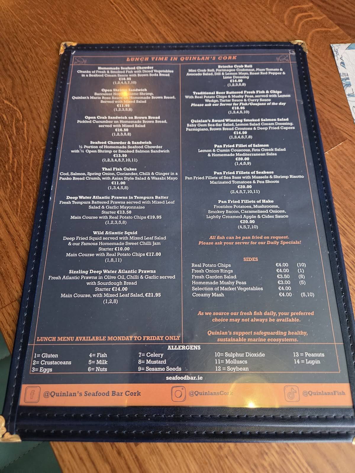 Menu at Quinlans Seafood Bar Cork, Cork
