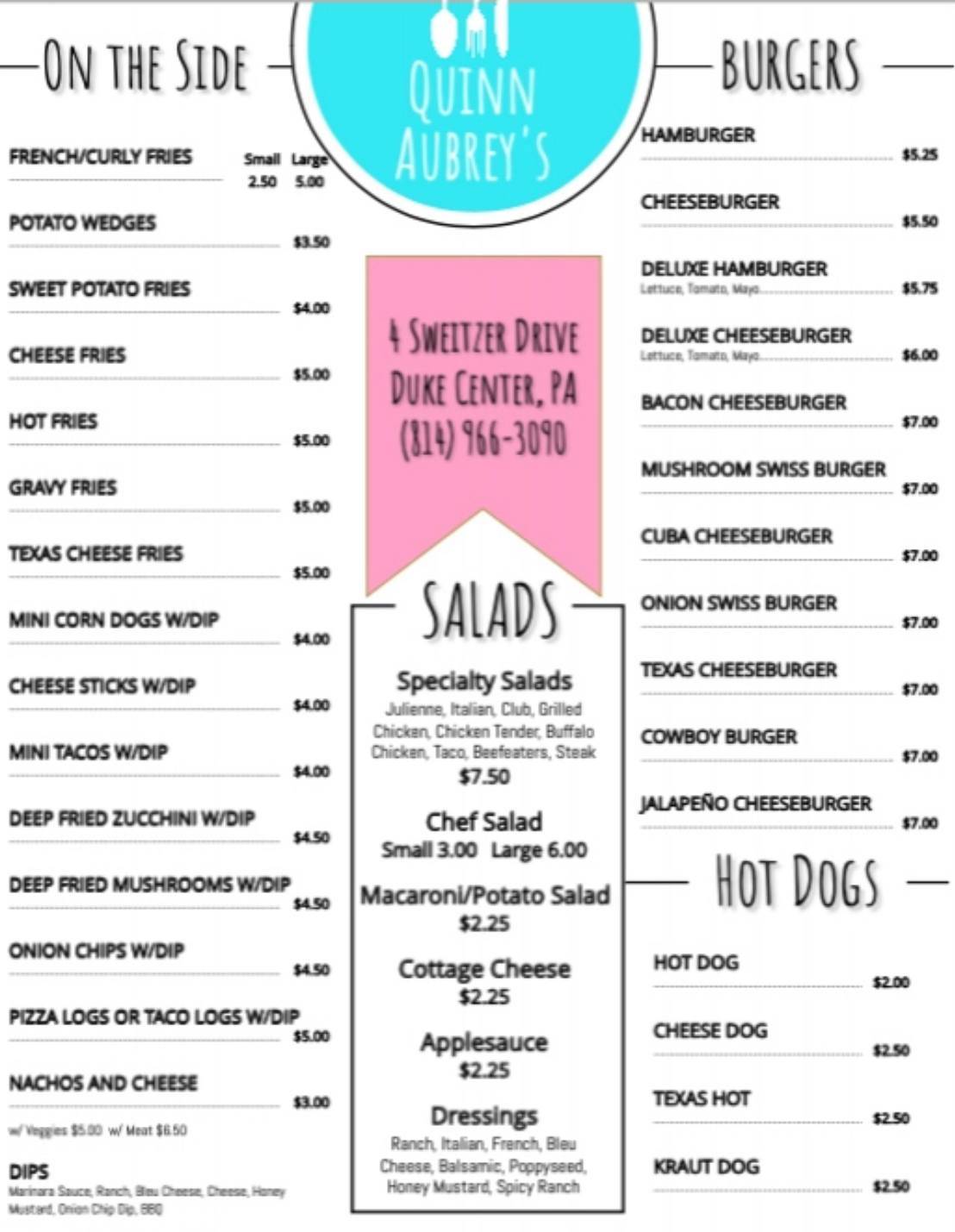 Menu at Quinn Aubrey's Creams restaurant, Duke Center