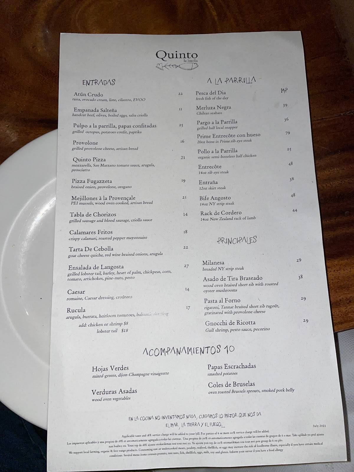 Carta de parrilla Quinto Miami, Miami, 788 Brickell Plaza