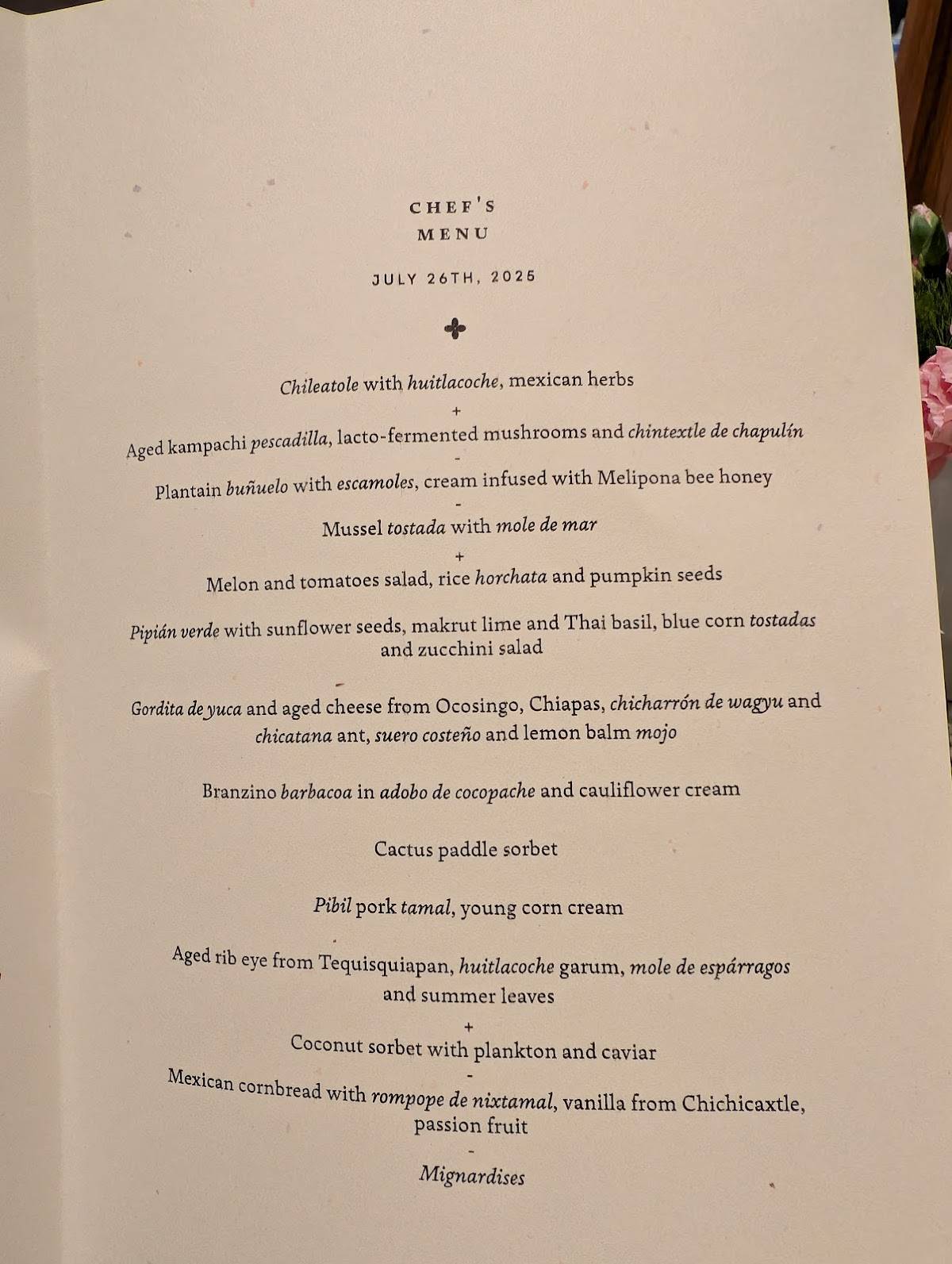Menu at Quintonil restaurant, Ciudad López Mateos, Av. Isaac Newton 55