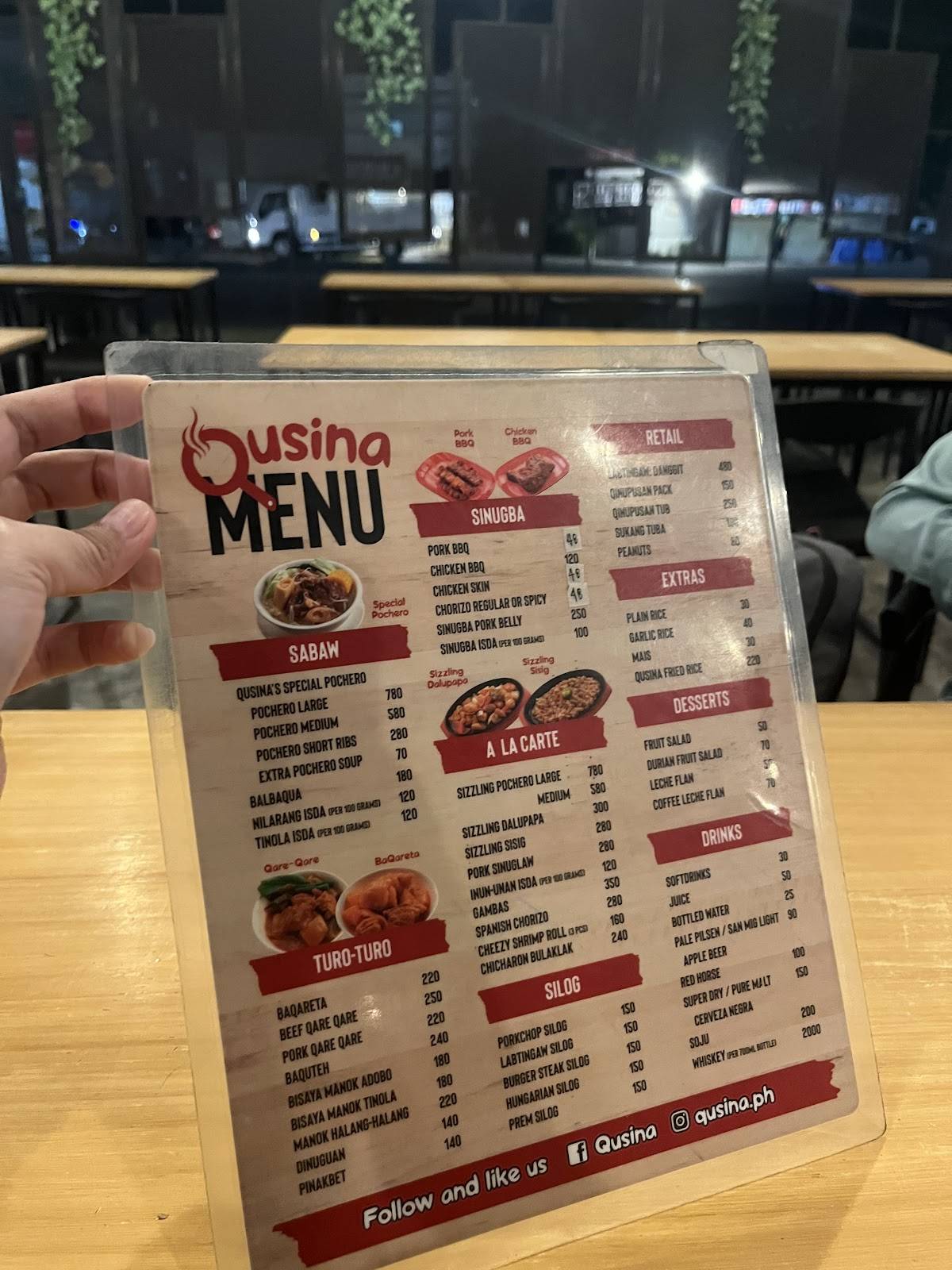 Menu at Qusina restaurant, Cebu City