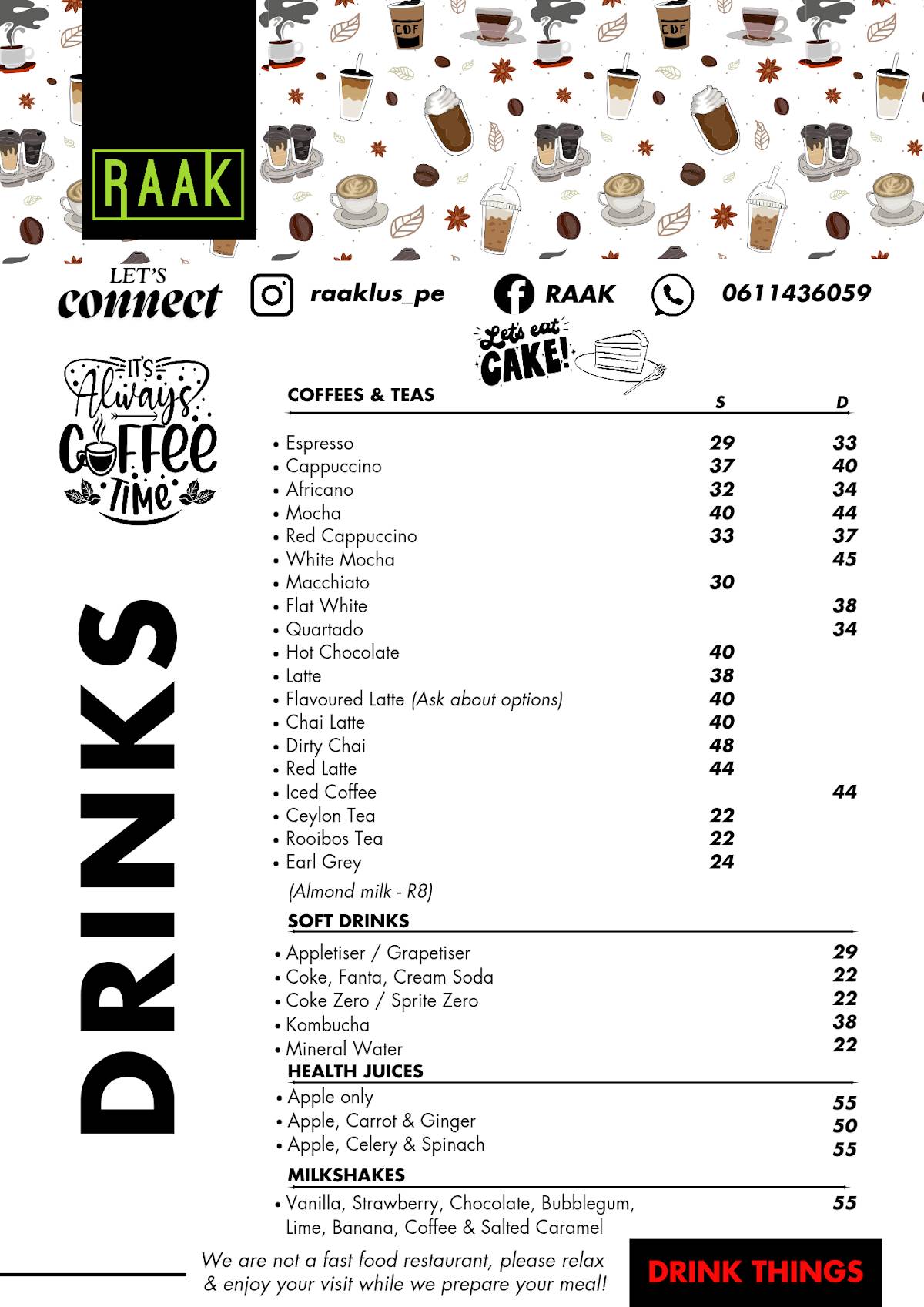 Menu at RAAK restaurant, Port Elizabeth, Salisbury Centre