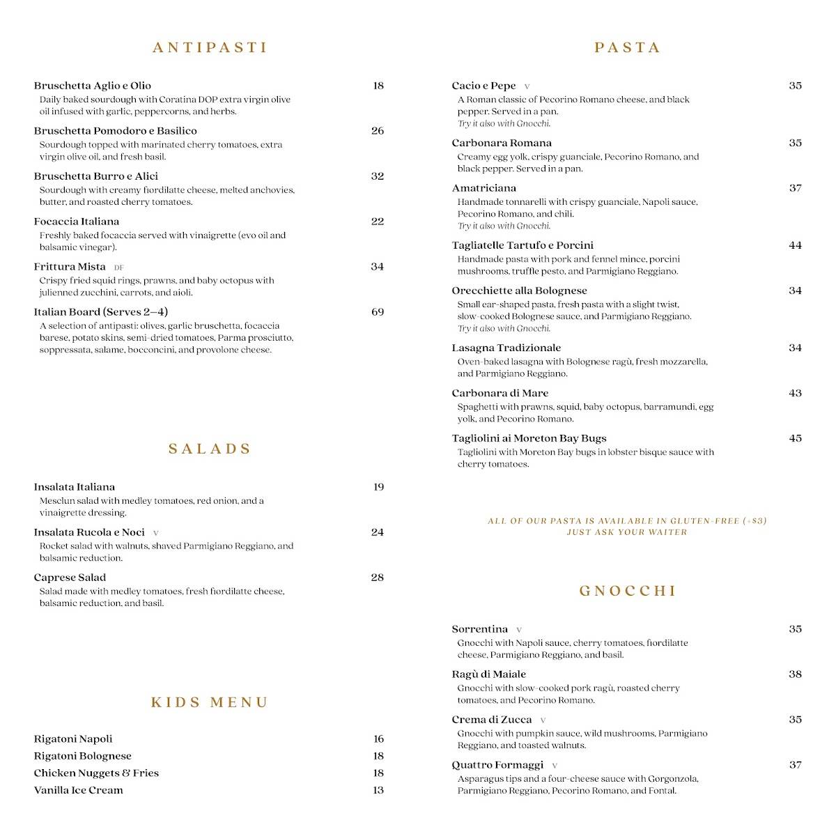 Menu at RADICI - Pasta House restaurant, Coolangatta